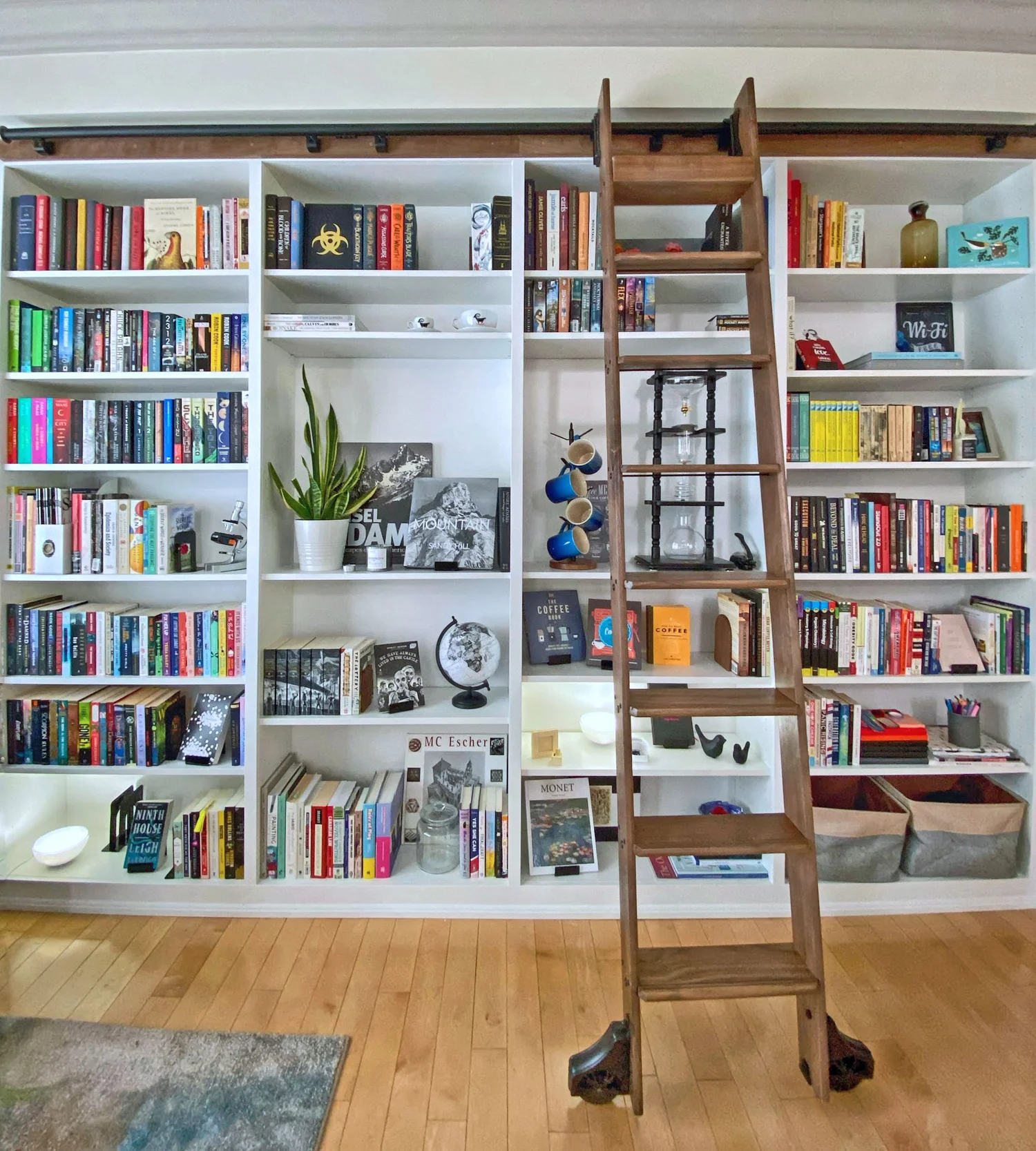 Walnut Rolling Library Ladder with Booky — Custom Ladder Company Ltd.