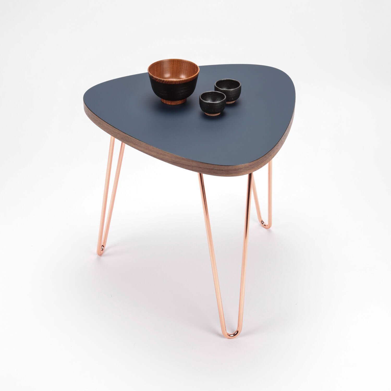 Triplicity side table — light blue, oak and brass