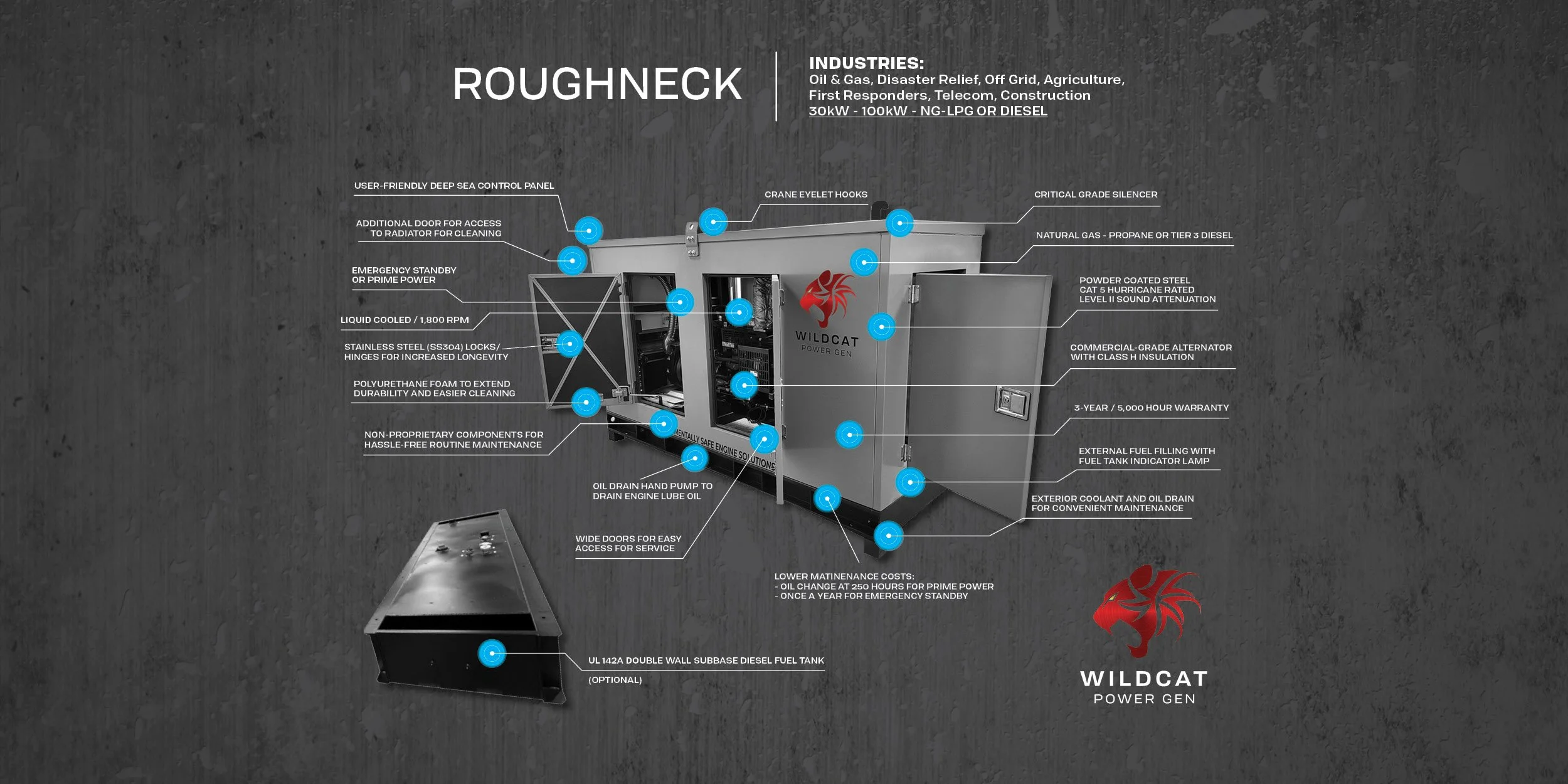 Wildcat Roughneck Generators: 30KW to 100KW with Tier 3 Diesel, Natural ...