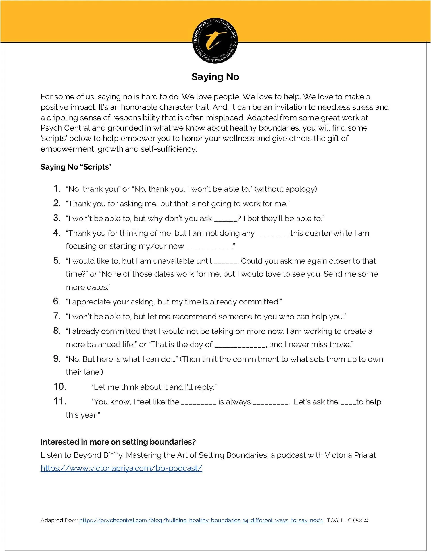 Saying No Worksheet — Translator's Consulting Group