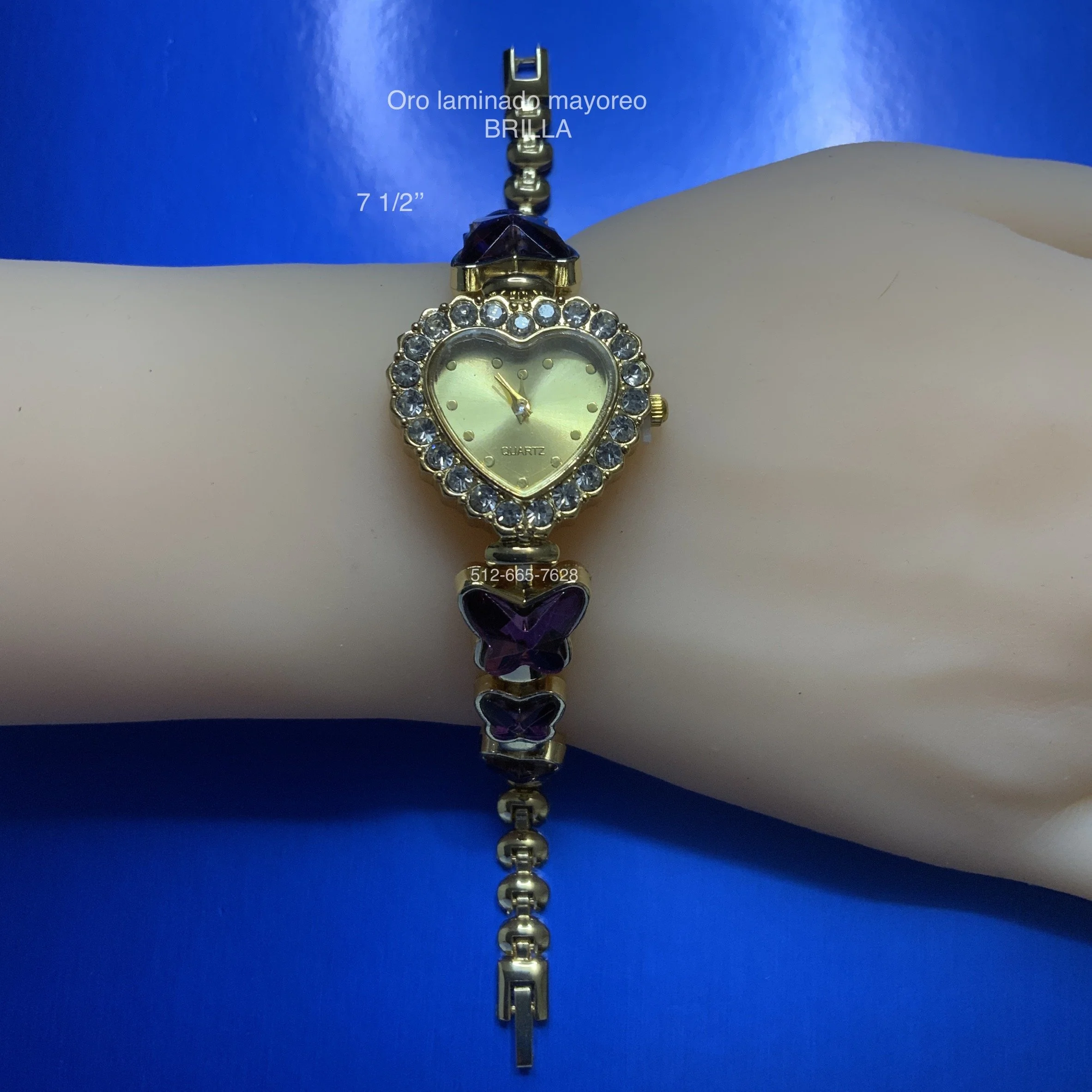 Reloj de Pulsera Dorado con Carátula de Corazón y Mariposas Moradas ...