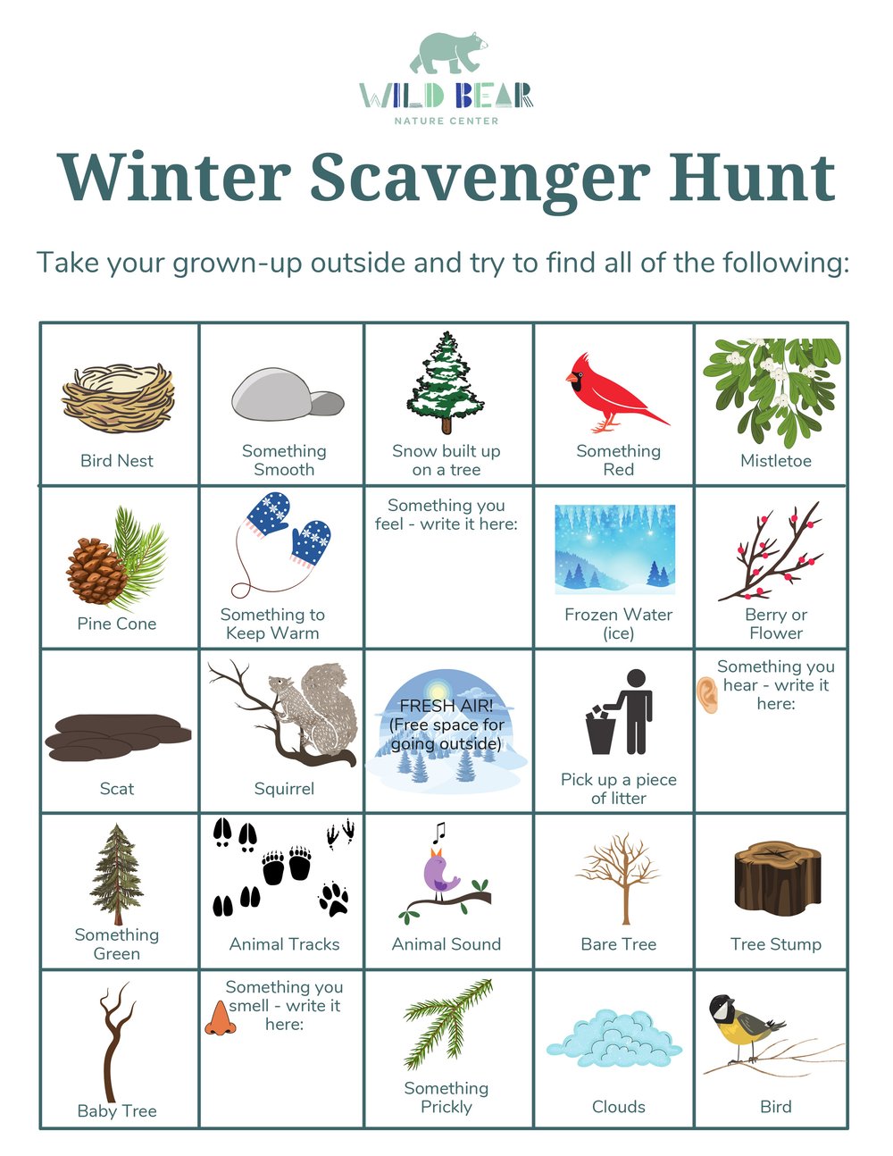 Winter Scavenger Hunt — Wild Bear Nature Center - We Are Nature