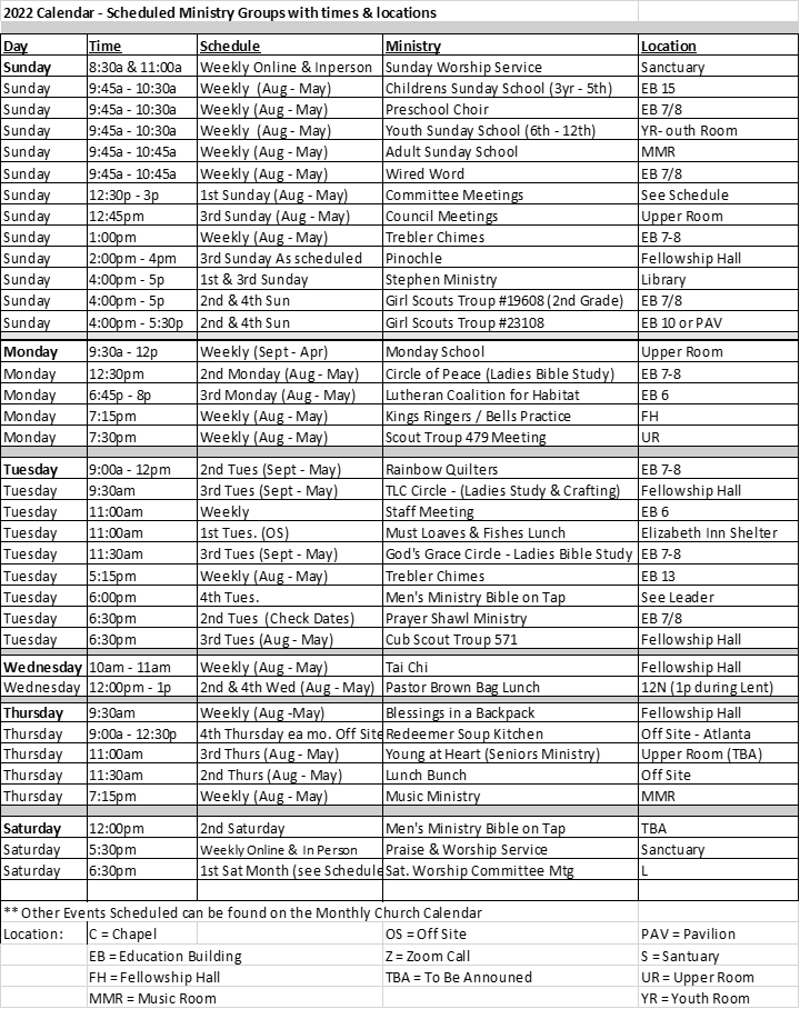 Ministry Calendar — Holy Trinity Lutheran Church