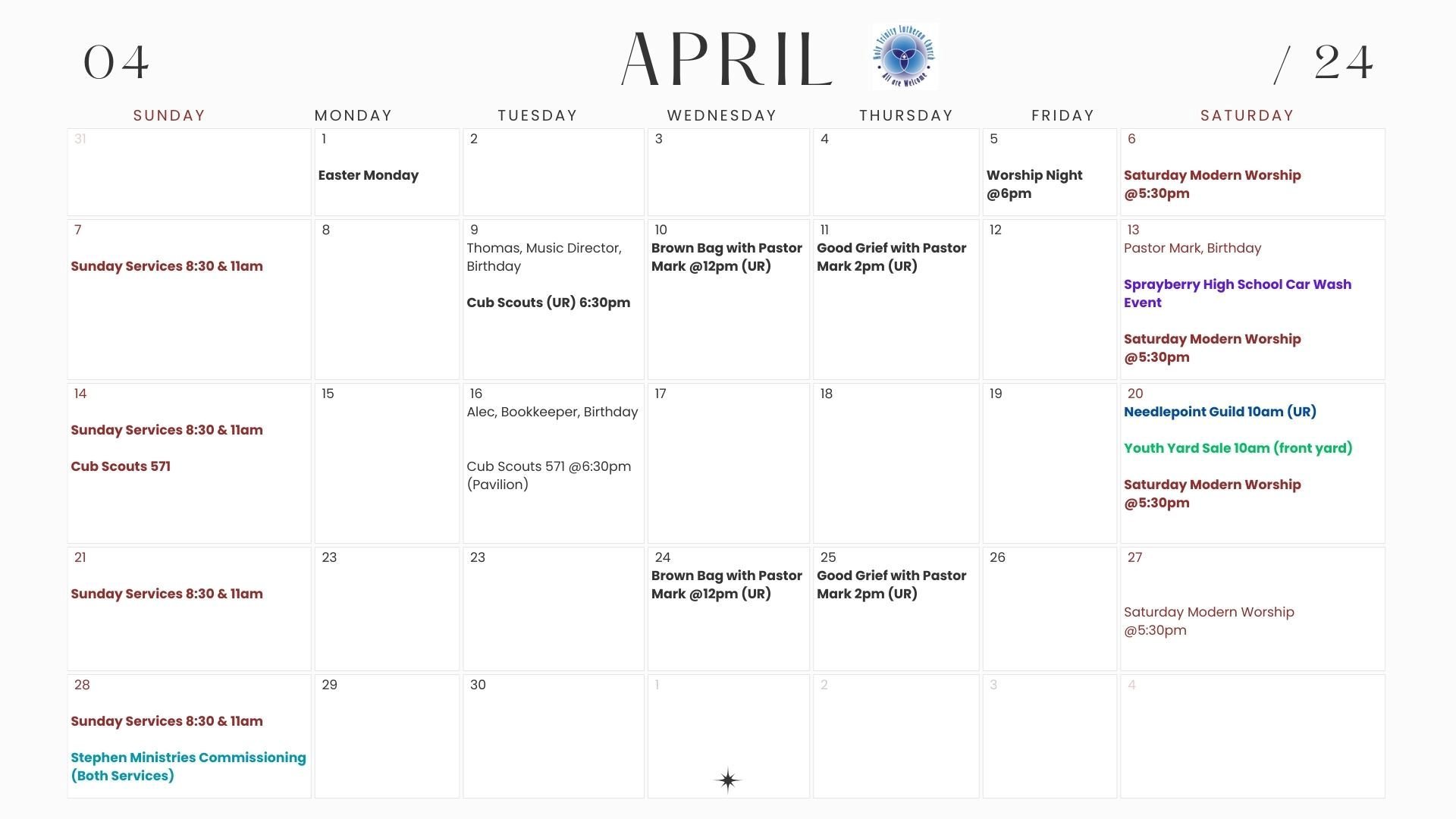 Church Calendar — Holy Trinity Lutheran Church