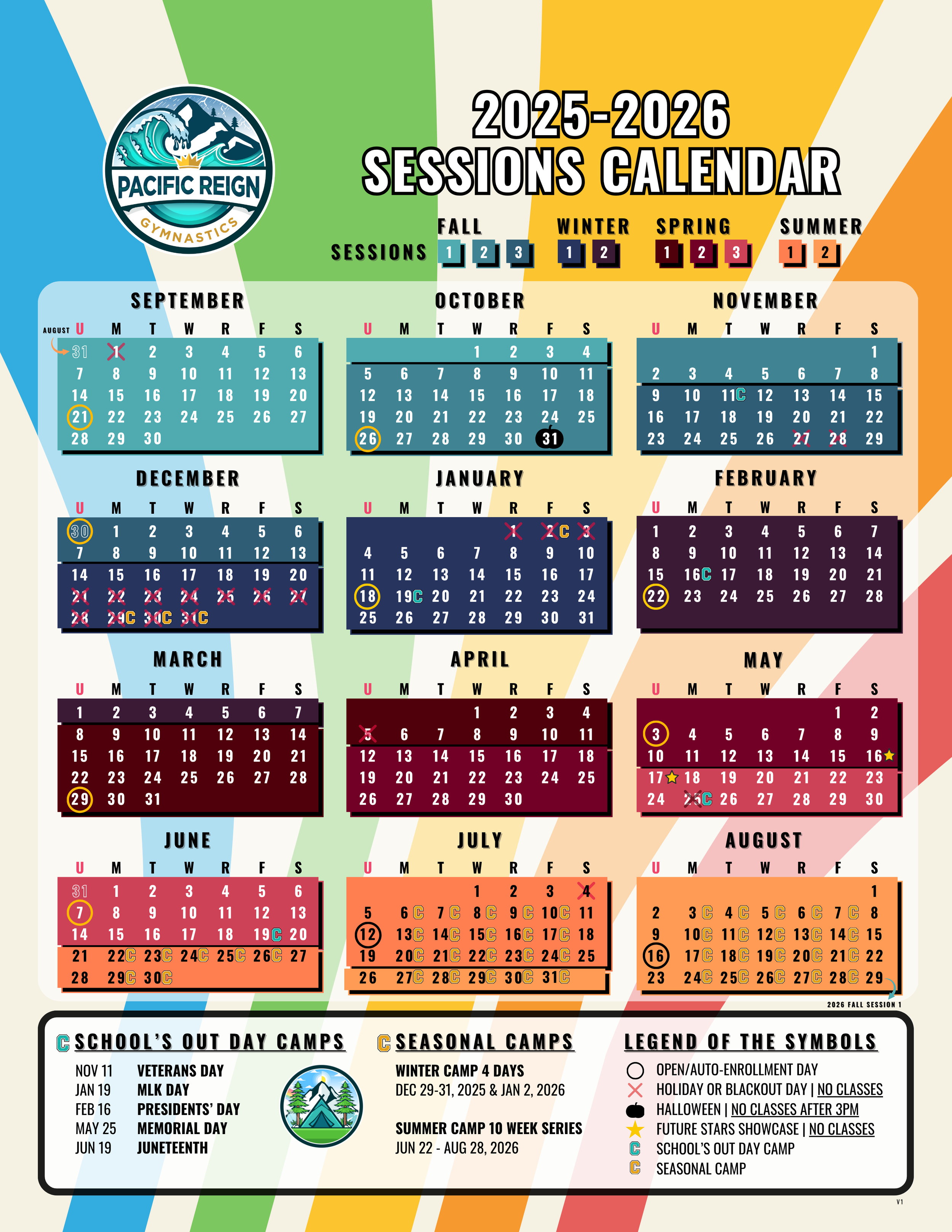 2025-2026 Sessions Calendar — Pacific Reign Gymnastics