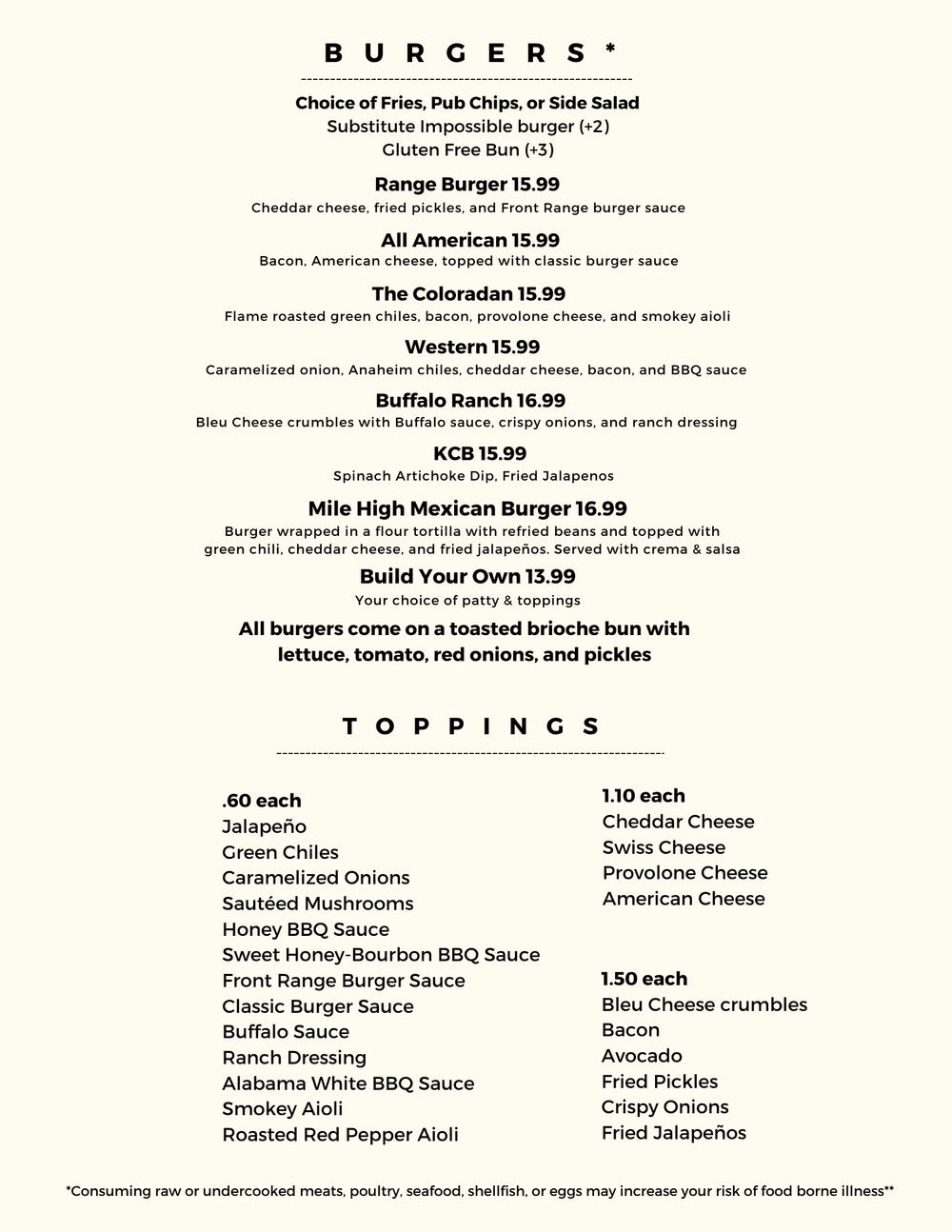 Food-Menu — Front Range Inn | Lakewood CO