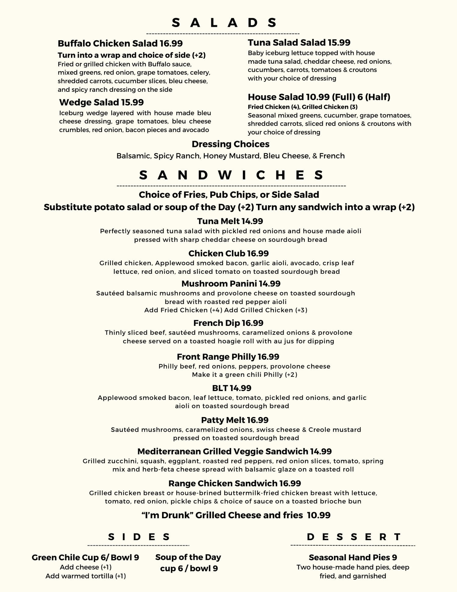 Food-Menu — Front Range Inn | Lakewood CO