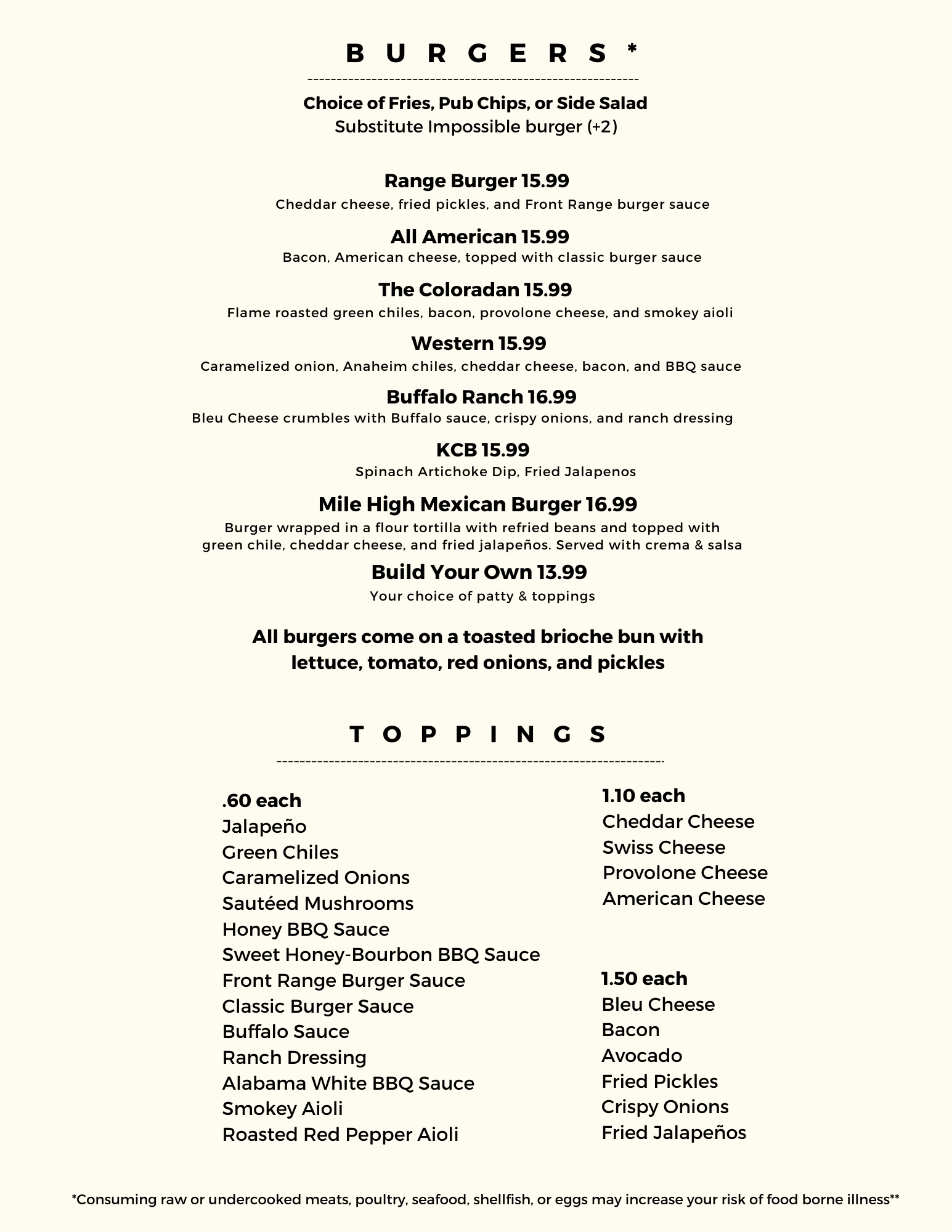 Food-Menu — Front Range Inn | Lakewood CO