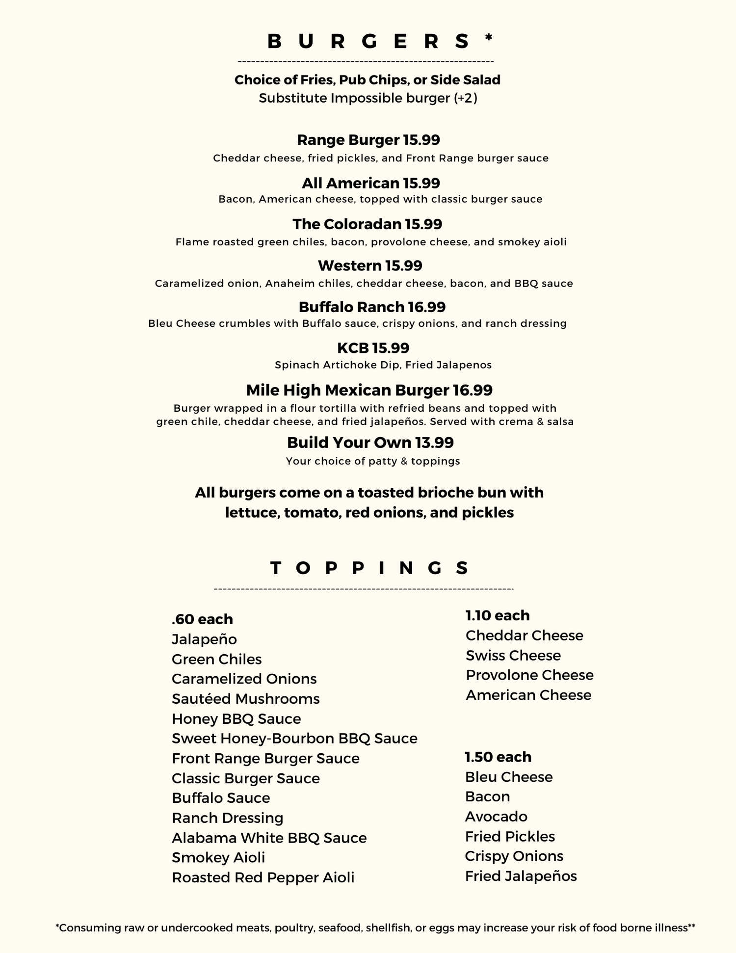 Food-Menu — Front Range Inn | Lakewood CO