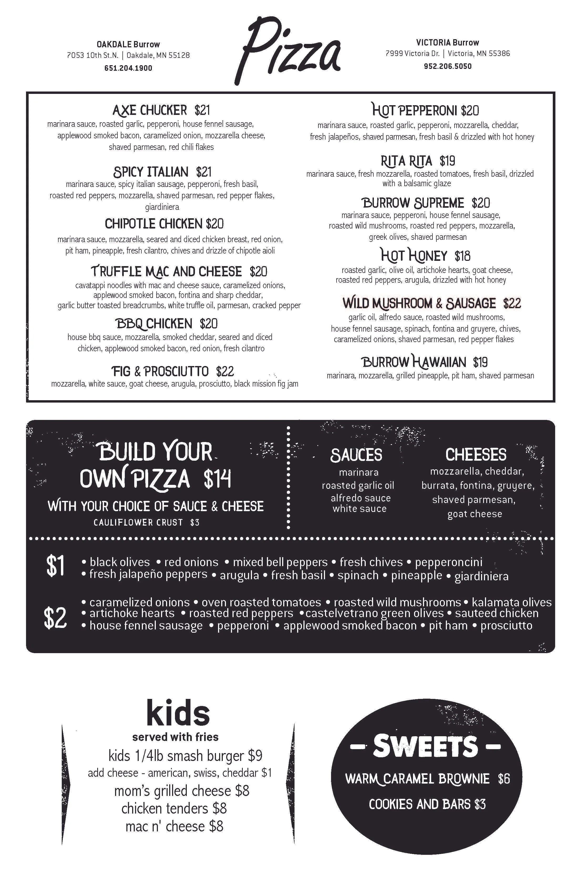 Menu - Victoria — The Burrow | MN Axe Throwing, Food, Drinks & Shenanigans