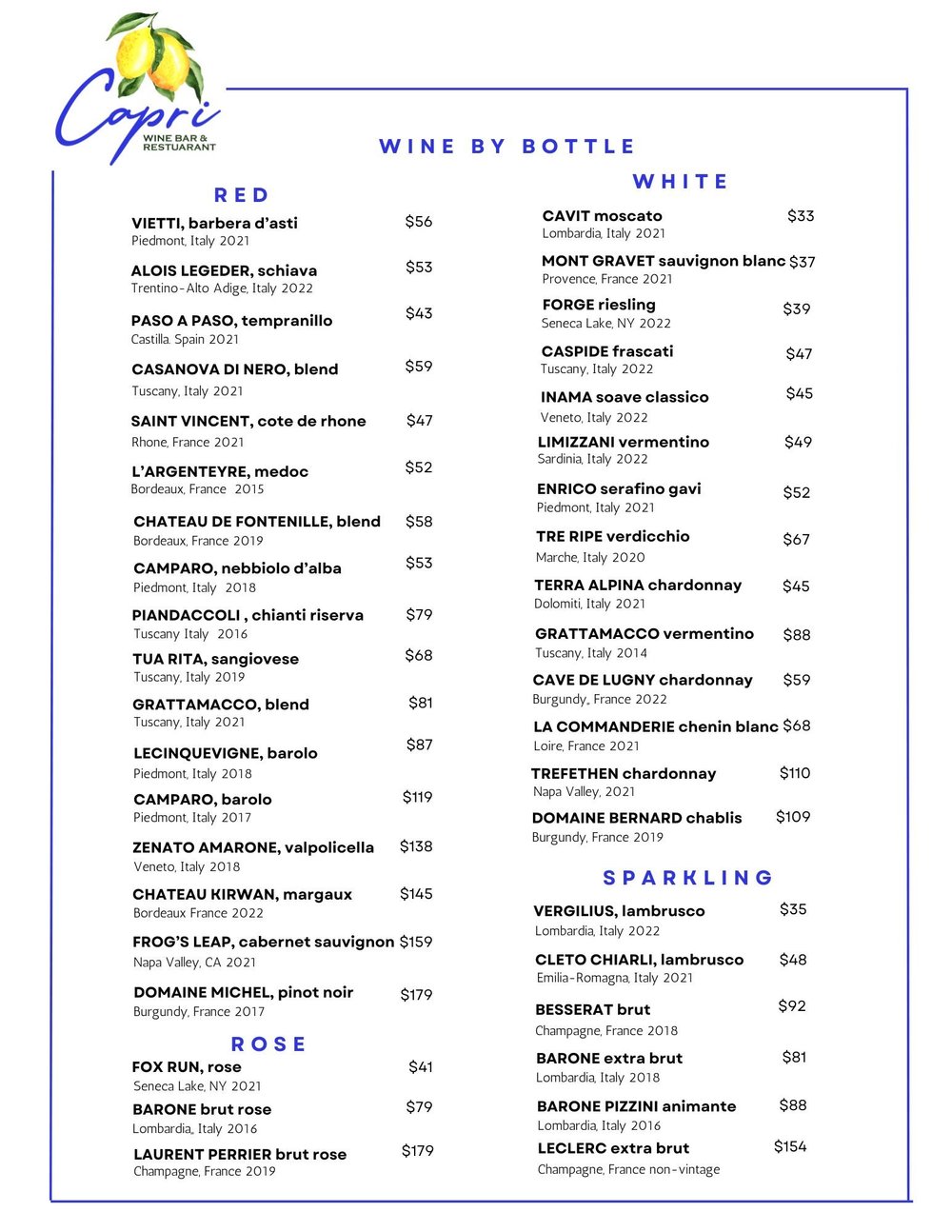 Menu — Capri Wine Bar & Restaurant