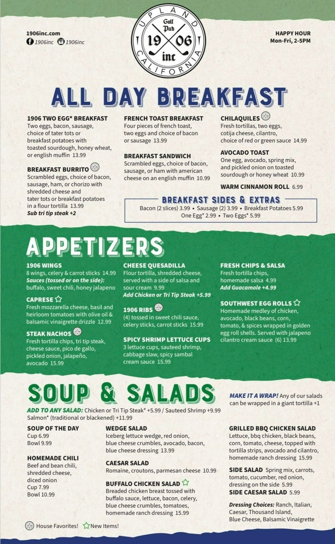 Menus — 1906, Inc. Pub and Grill - Upland, CA