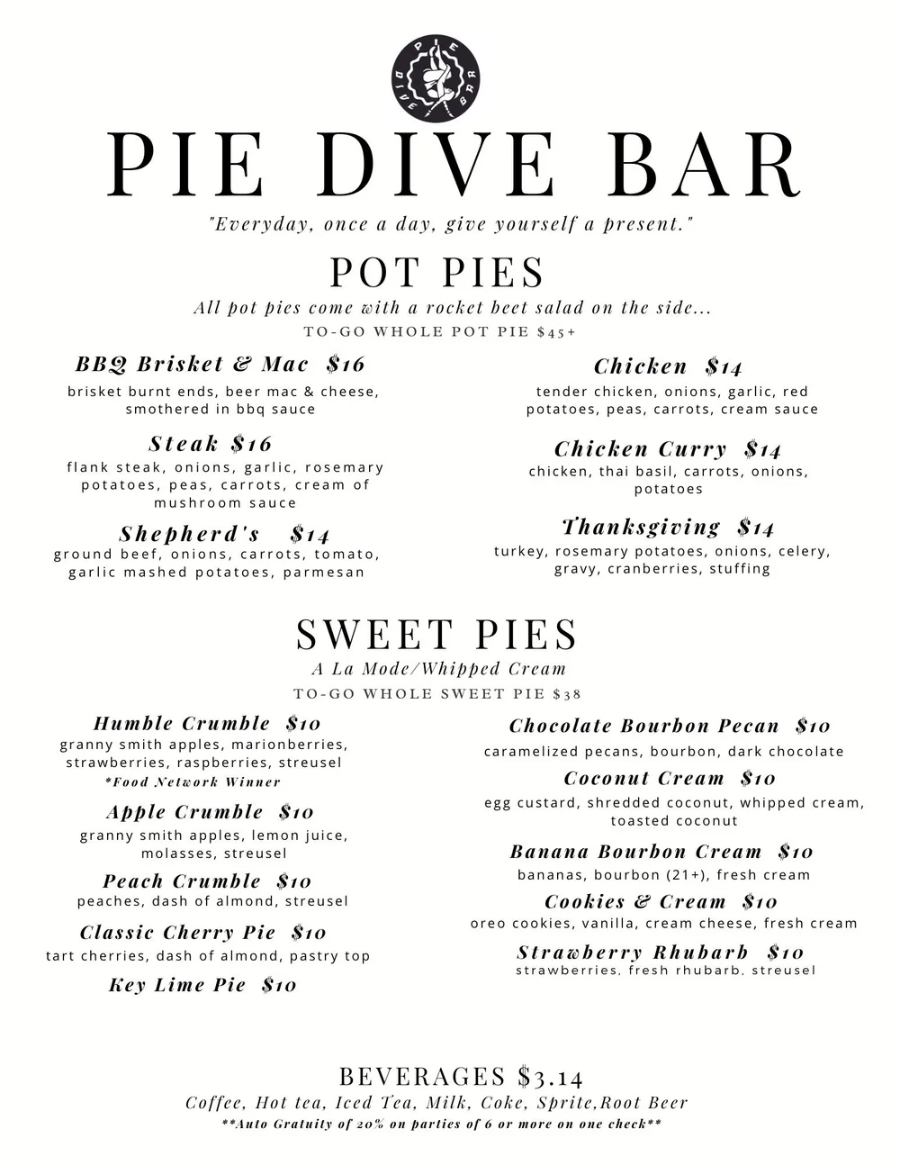 Menu — Pie Dive Bar