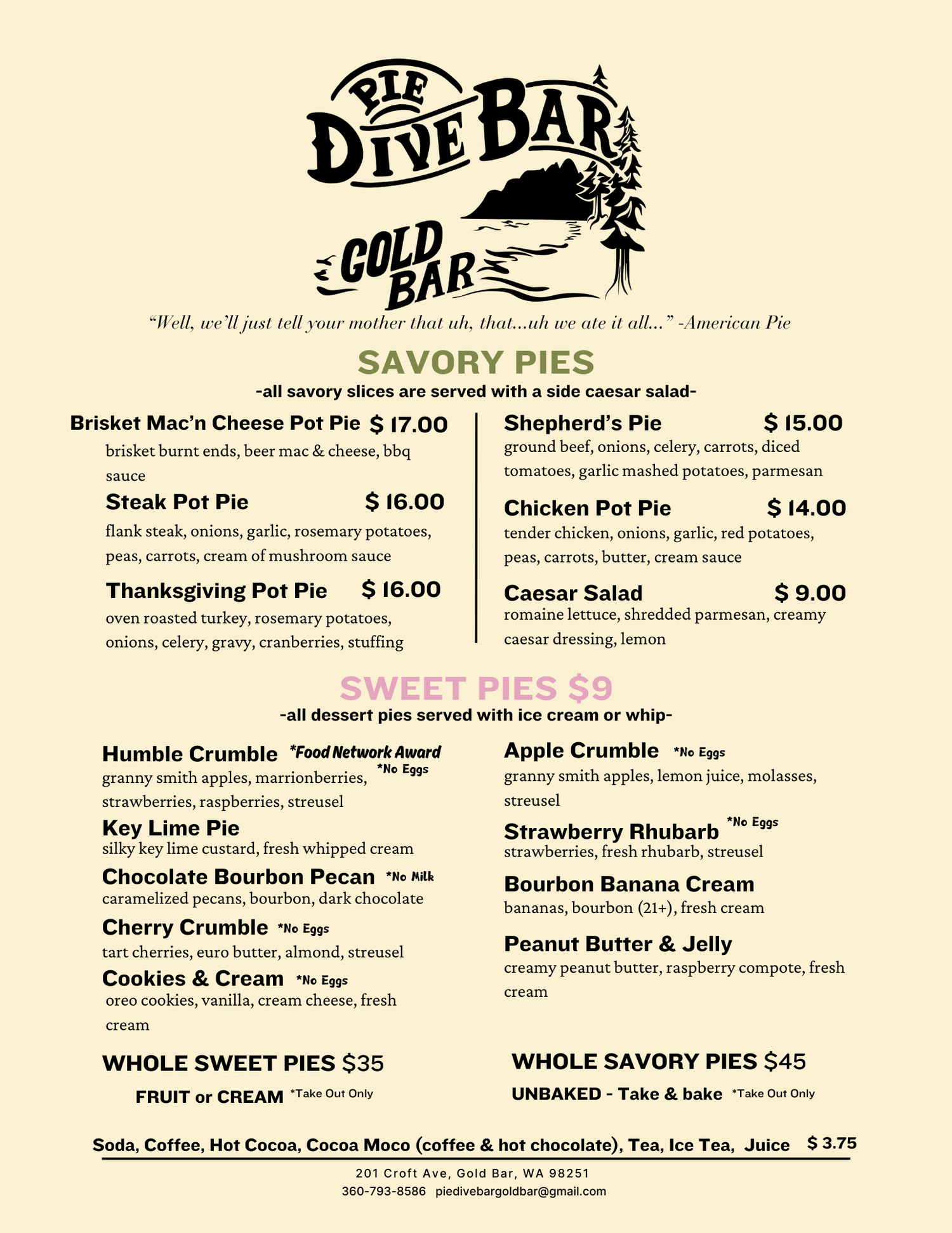 Menus — Pie Dive Bar