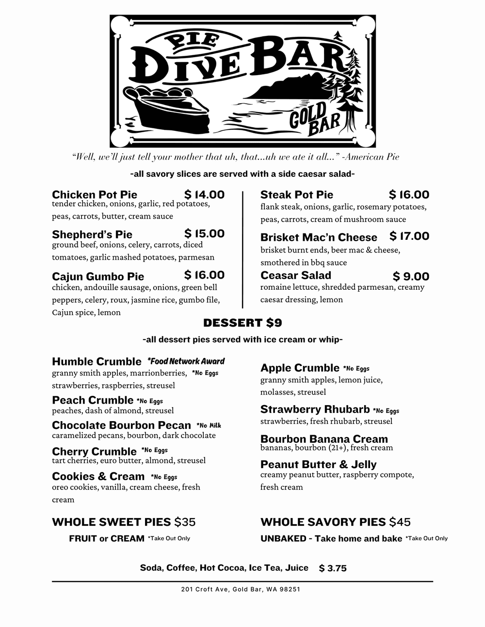 Menus — Pie Dive Bar