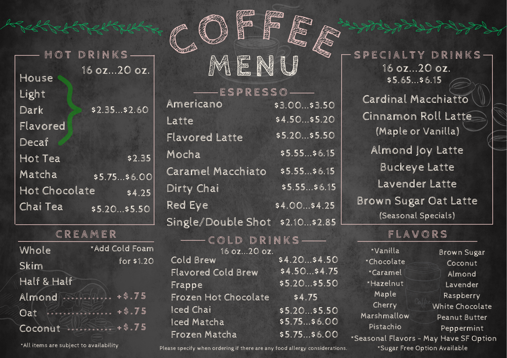 Menu 2025 — Cardinal Cakes & Coffee Website