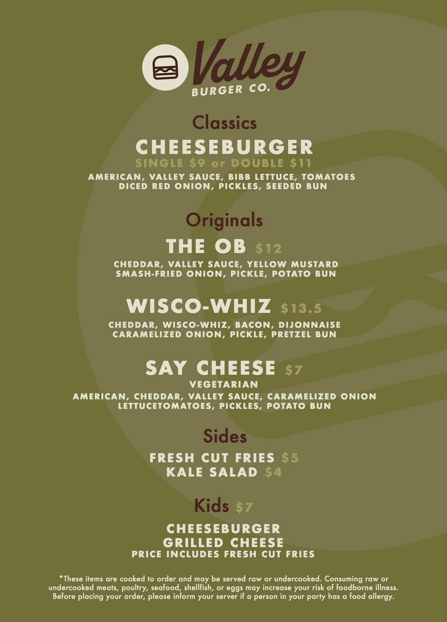 Menu — Valley Burger Co. | Craft Burgers, Beers & Cocktails | Eau ...
