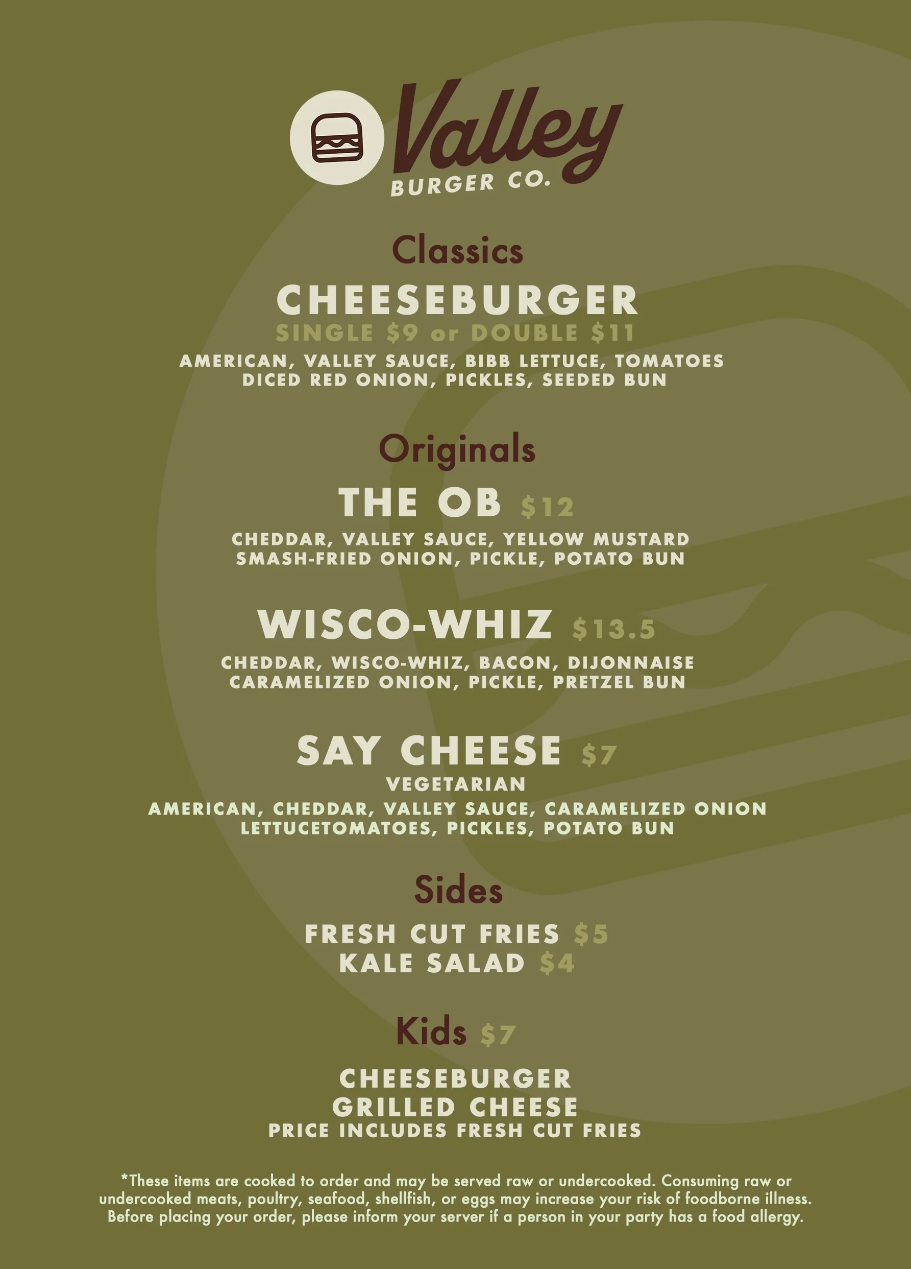 Menu — Valley Burger Co. | Craft Burgers, Beers & Cocktails | Eau ...