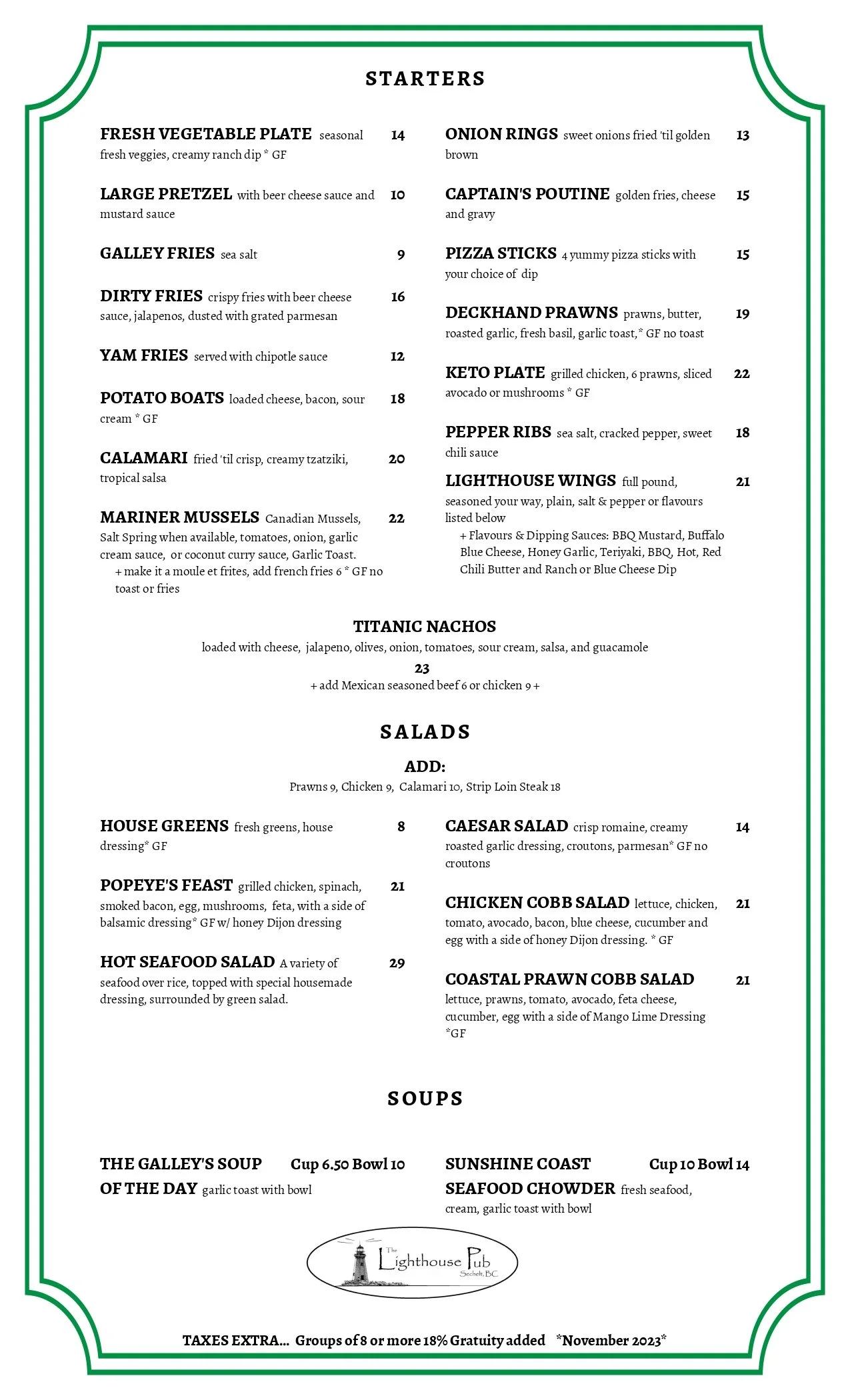 Food Menu — The Lighthouse Pub