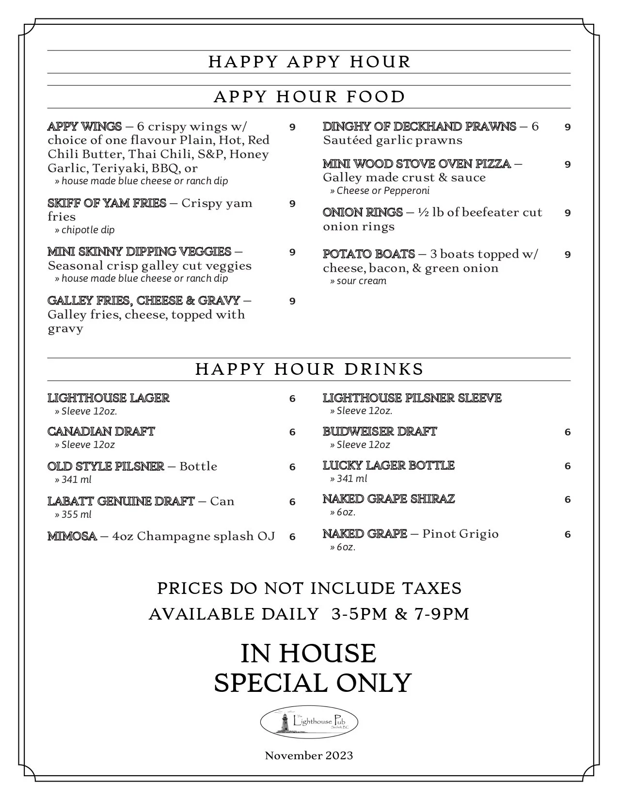 Food Menu — The Lighthouse Pub