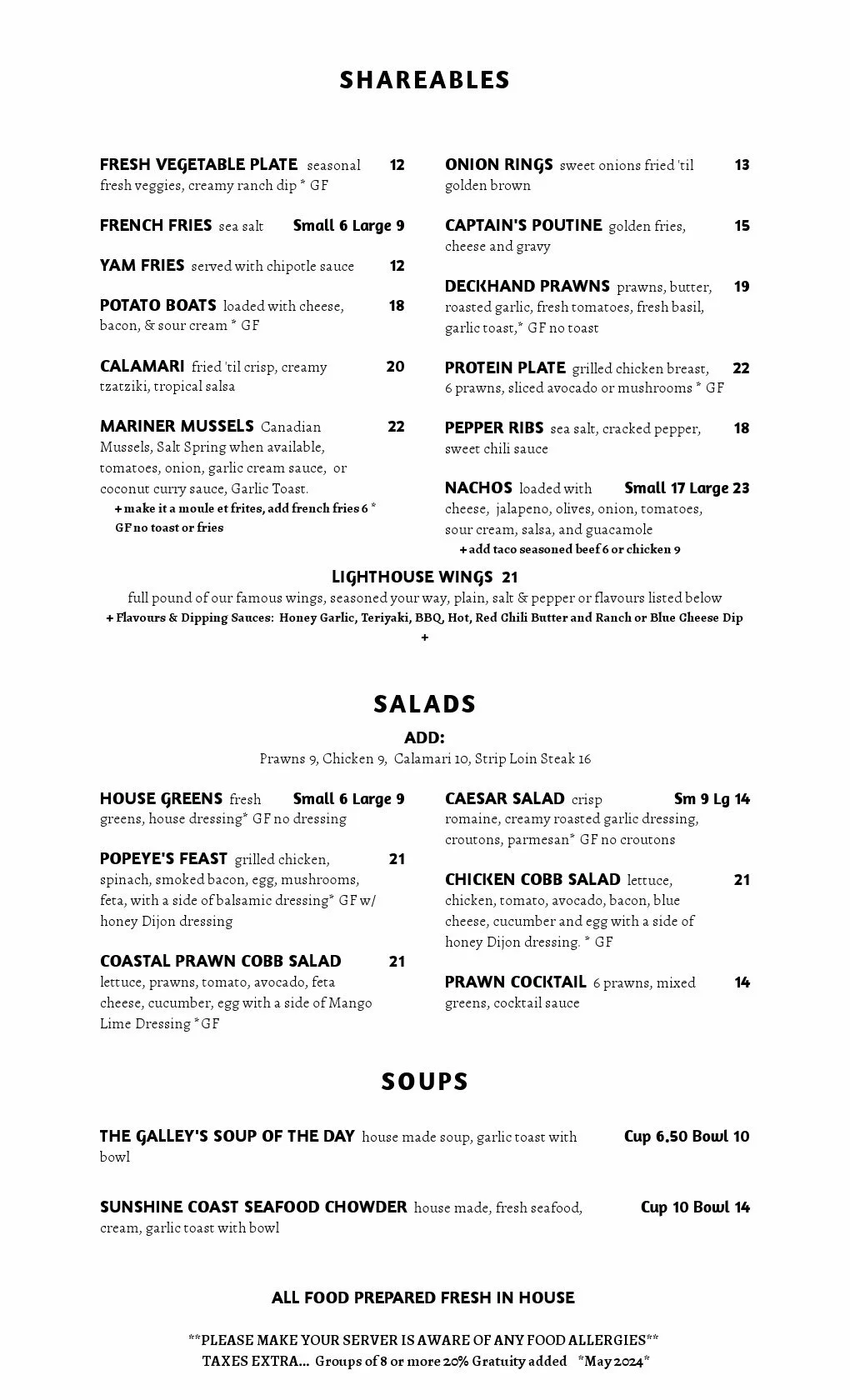 Food Menu — The Lighthouse Pub