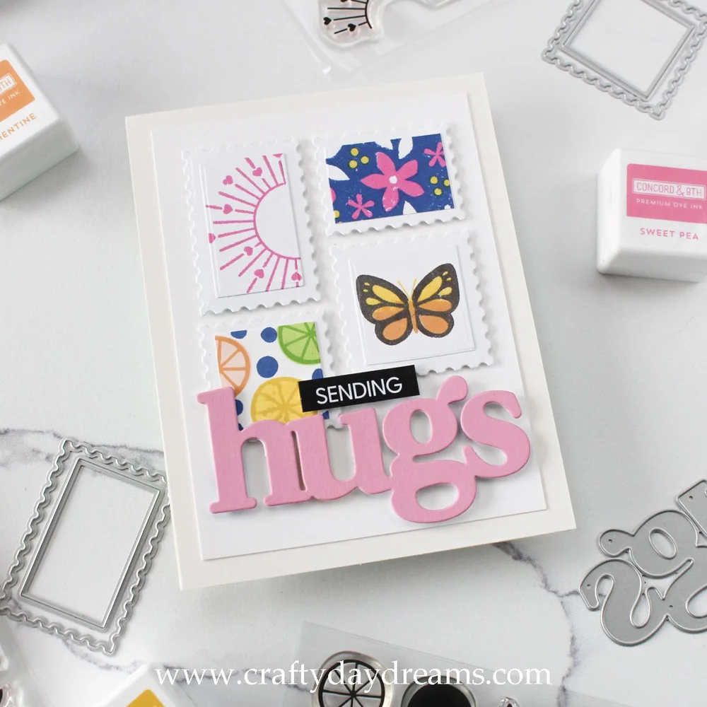 Ellen Hutson—Postage Stamp Hugs Card — crafty daydreams