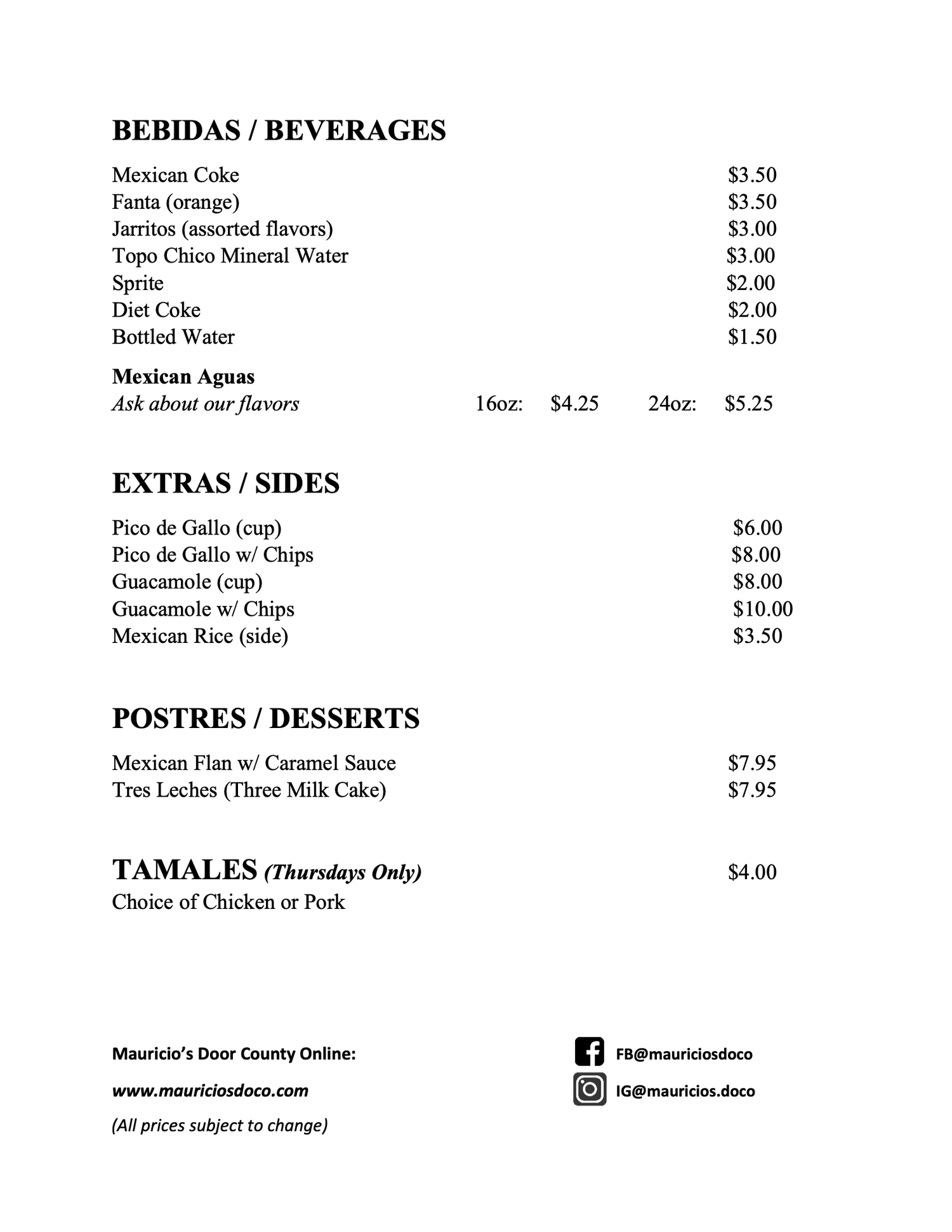 Menu — Mauricio's