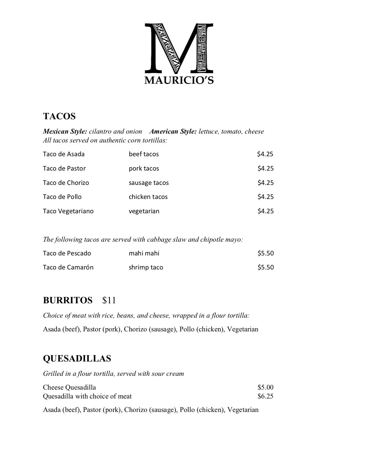 Menu — Mauricio's