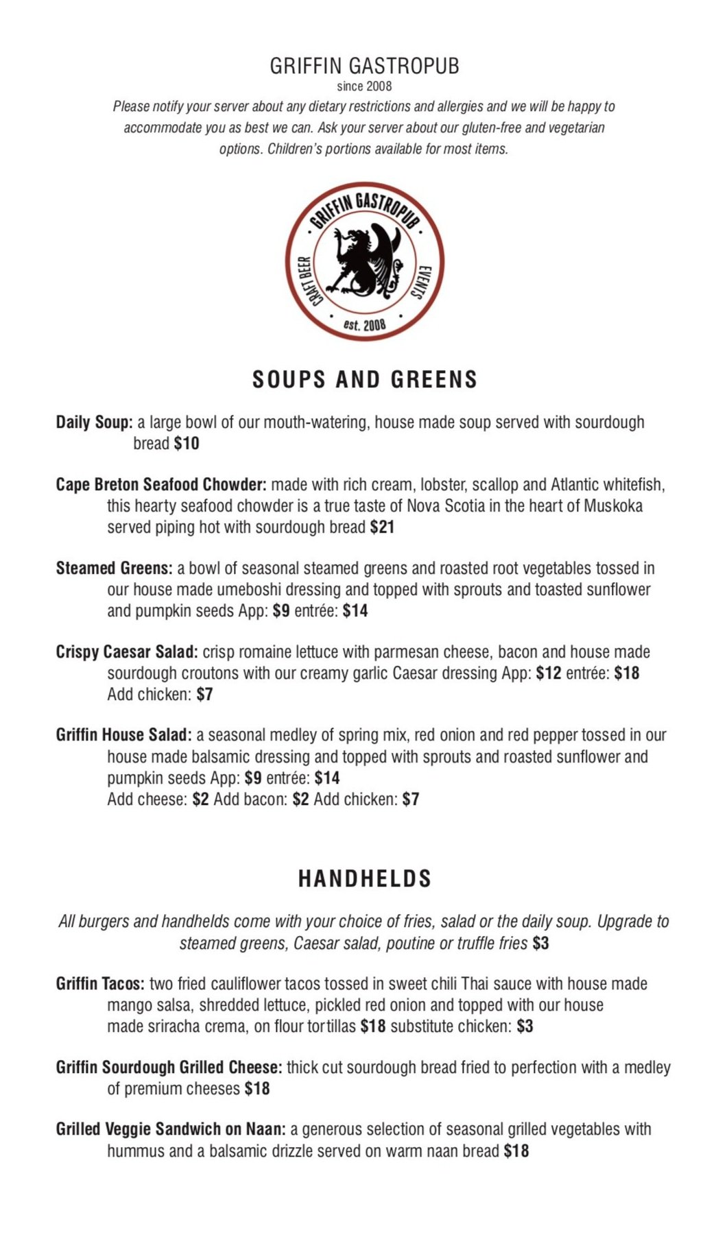 Lunch, Dinner & Brunch Menus — The Griffin Gastropub