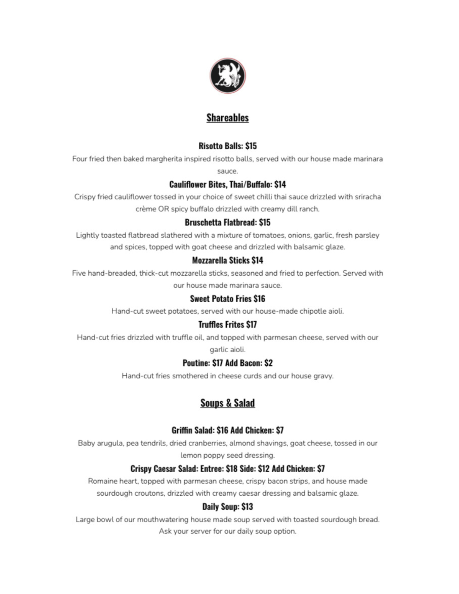 Lunch, Dinner & Brunch Menus — The Griffin Pub