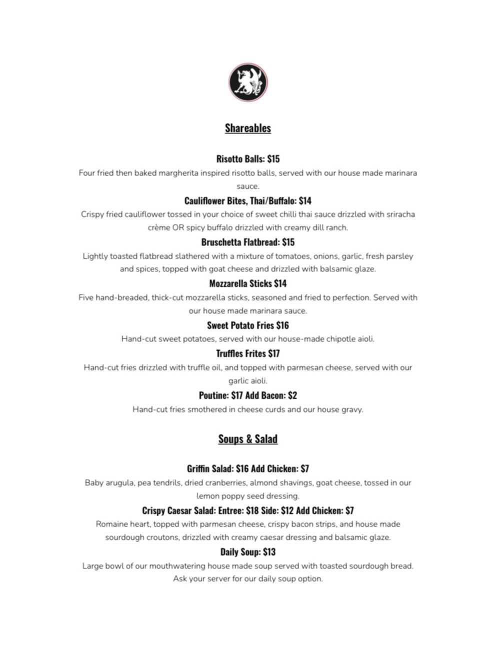 Lunch, Dinner & Brunch Menus — The Griffin Pub