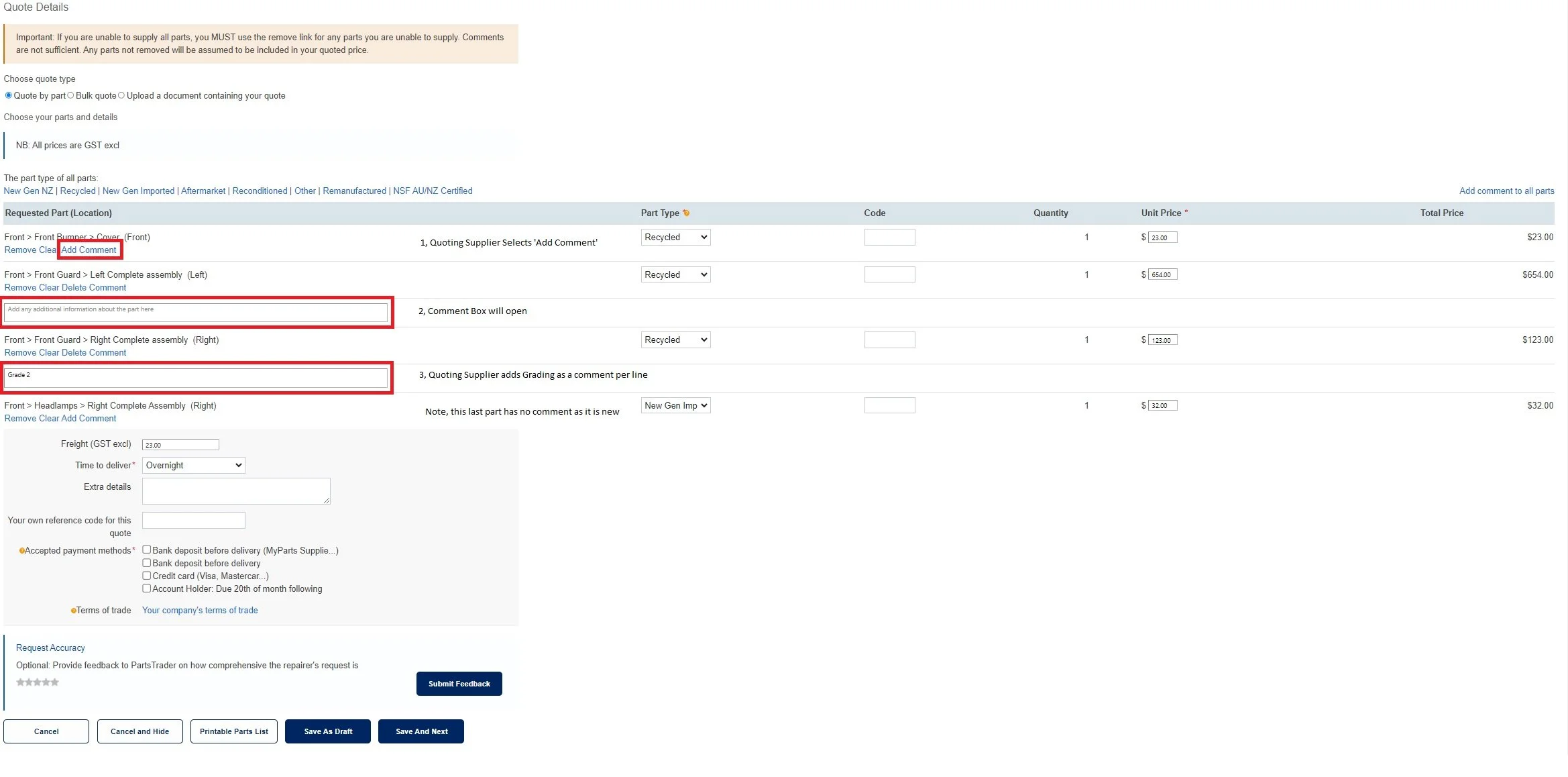 Parts Grading — PartsTrader Lobby