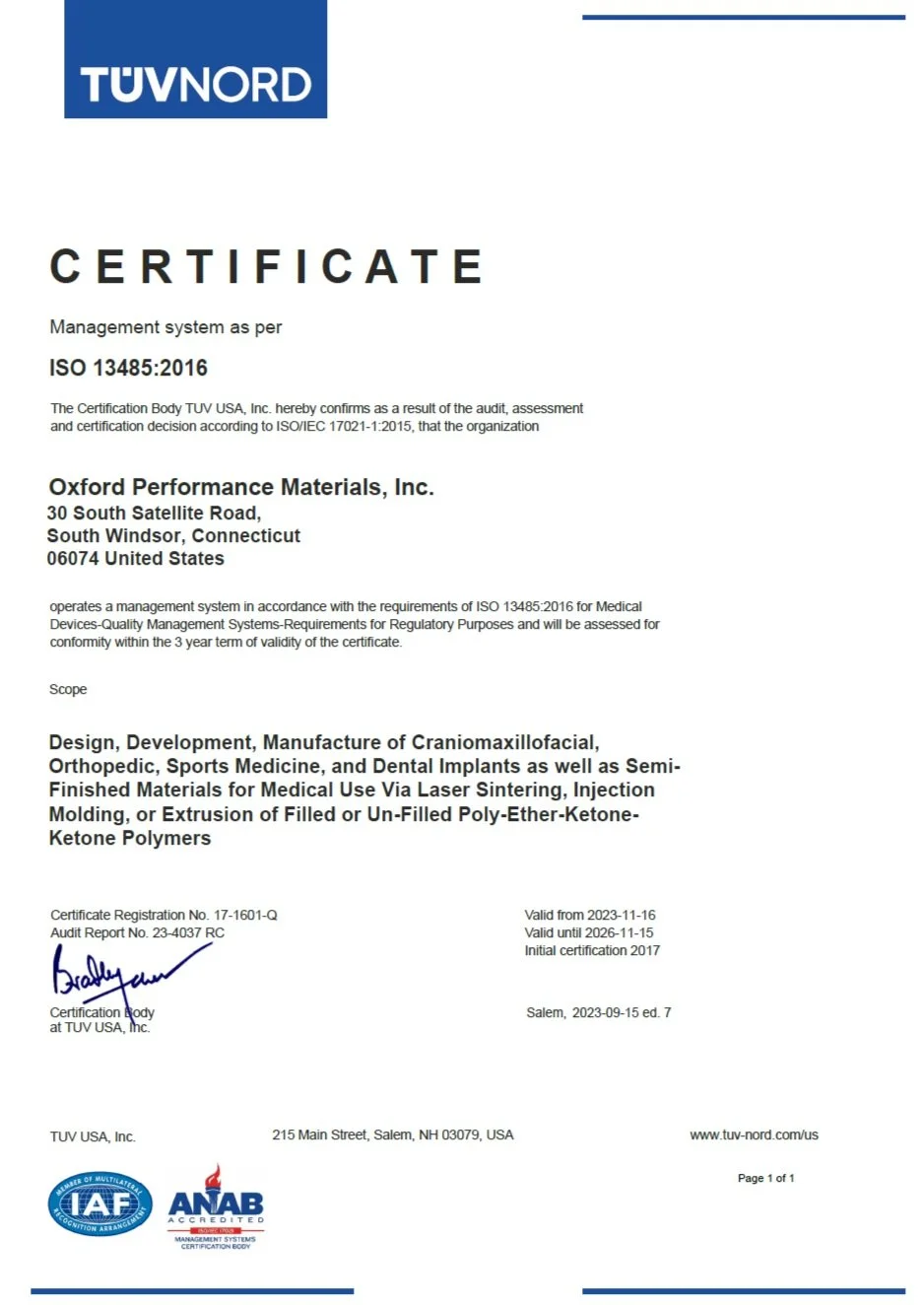 Quality — Oxford Performance Materials, Inc.