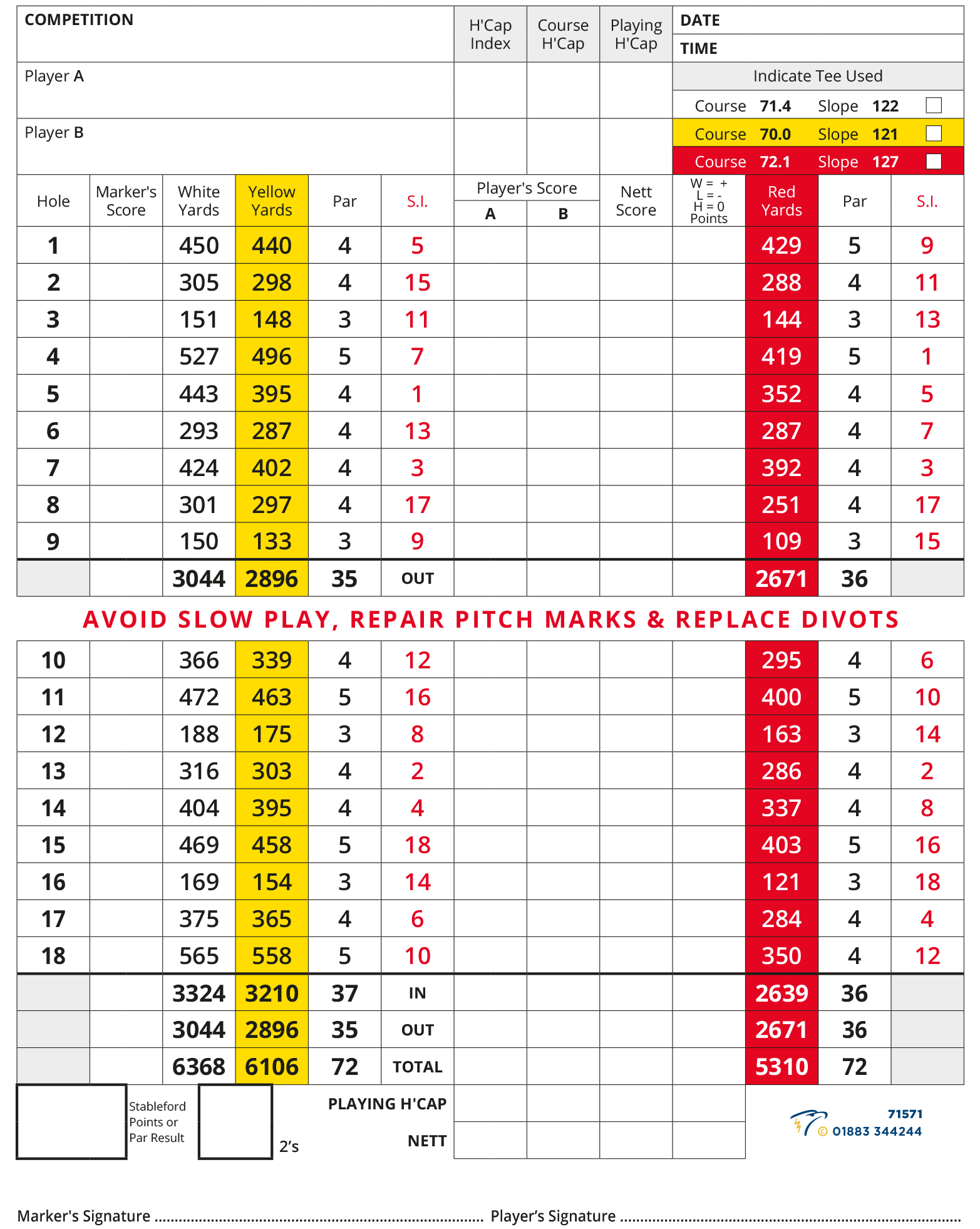 Brynhill Scorecard — BRYNHILL GOLF CLUB