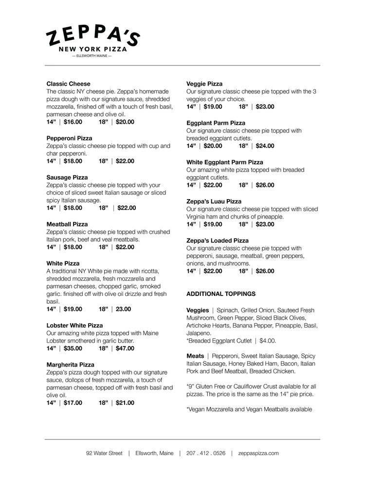 Menu — Zeppa’s Pizza