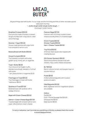 Menu — Bread + Butter - Launceston Bakery + Cafe