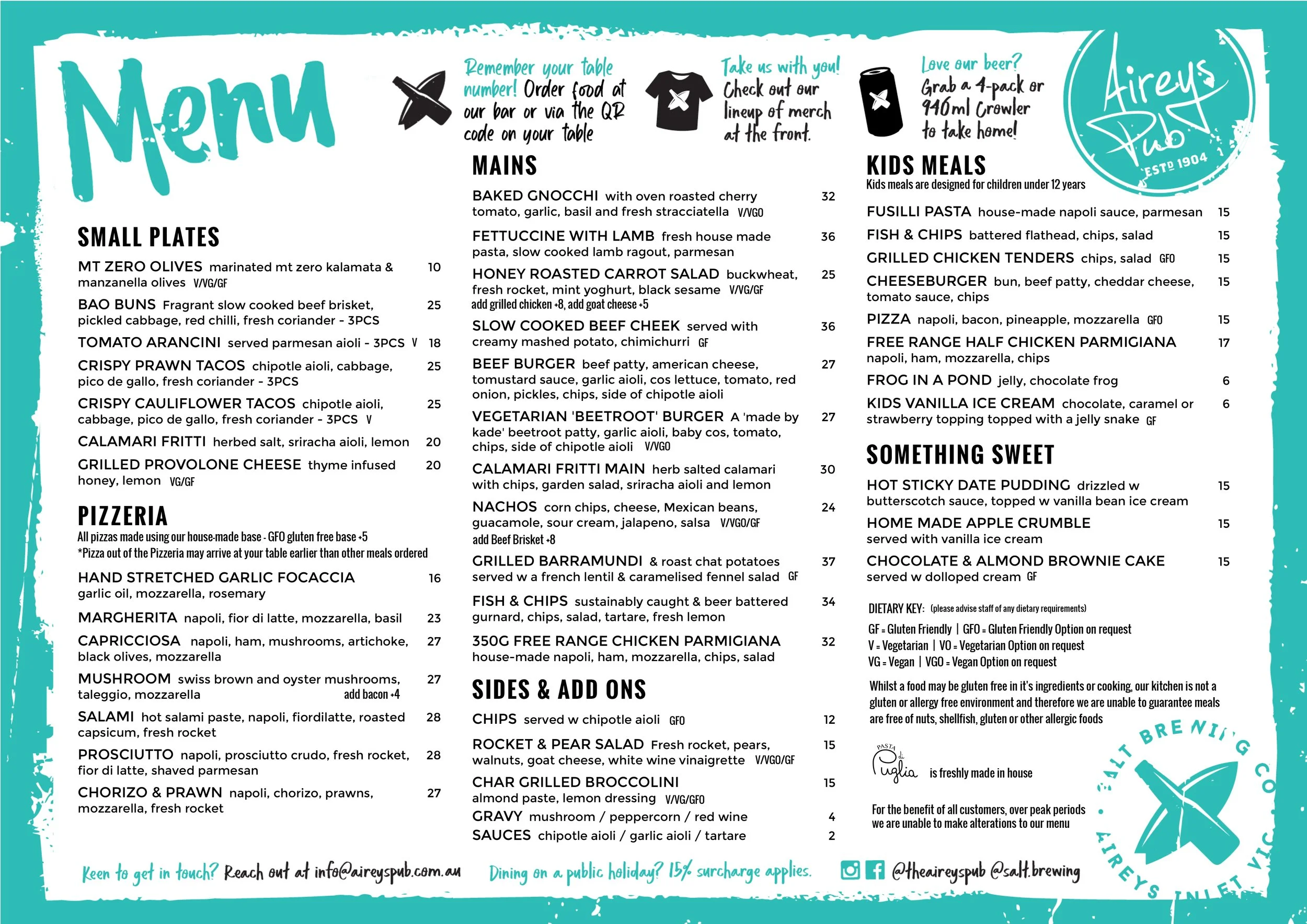 Menu — Aireys Pub