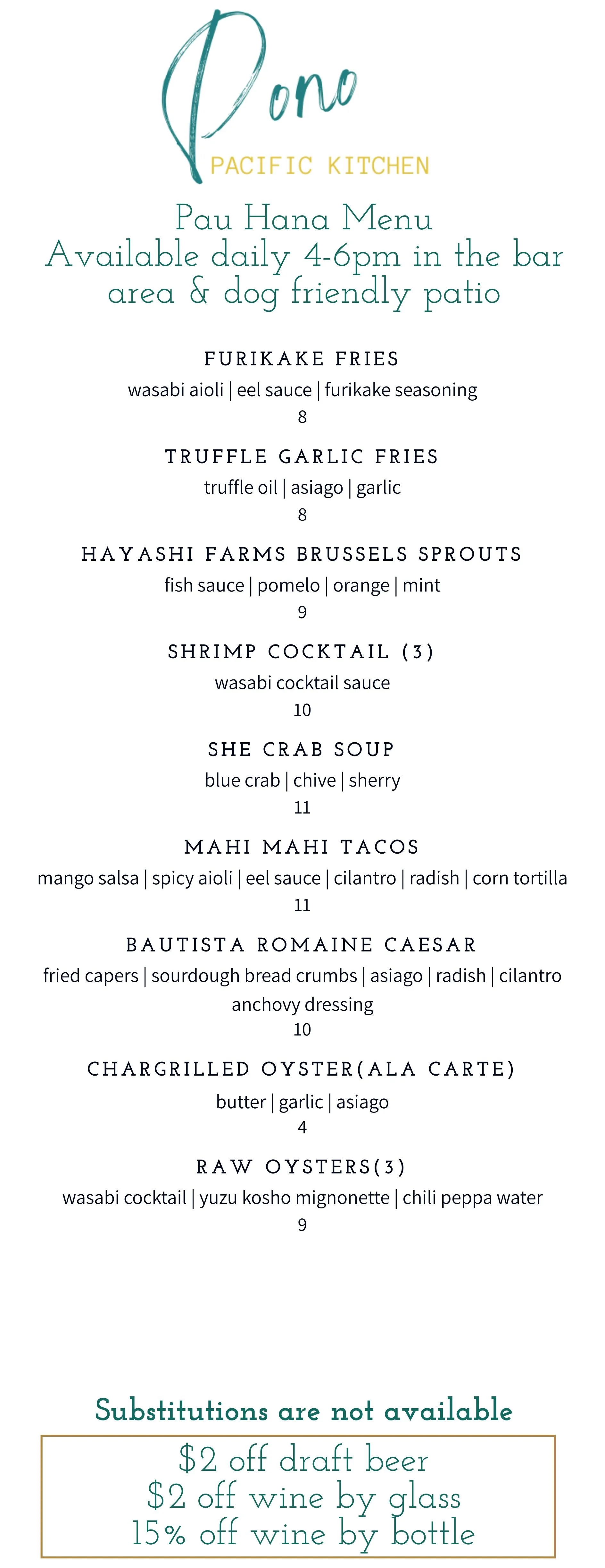 Pau Hana Menu — Pono Pacific Kitchen