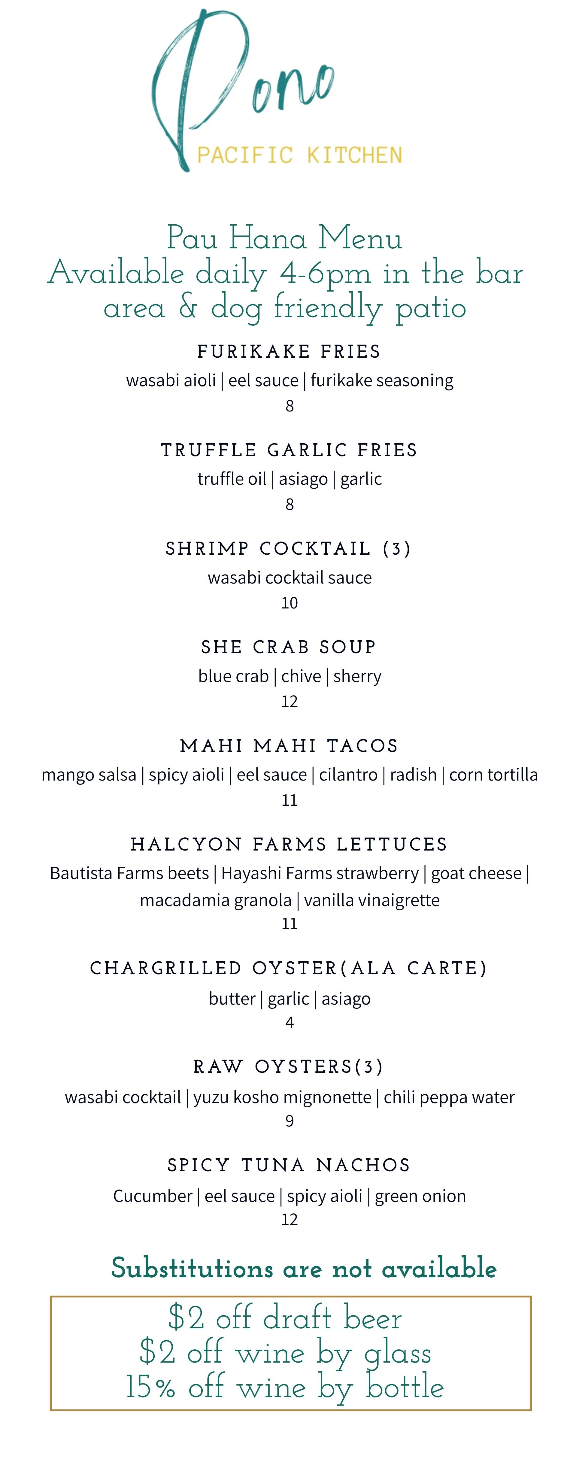 Pau Hana Menu — Pono Pacific Kitchen