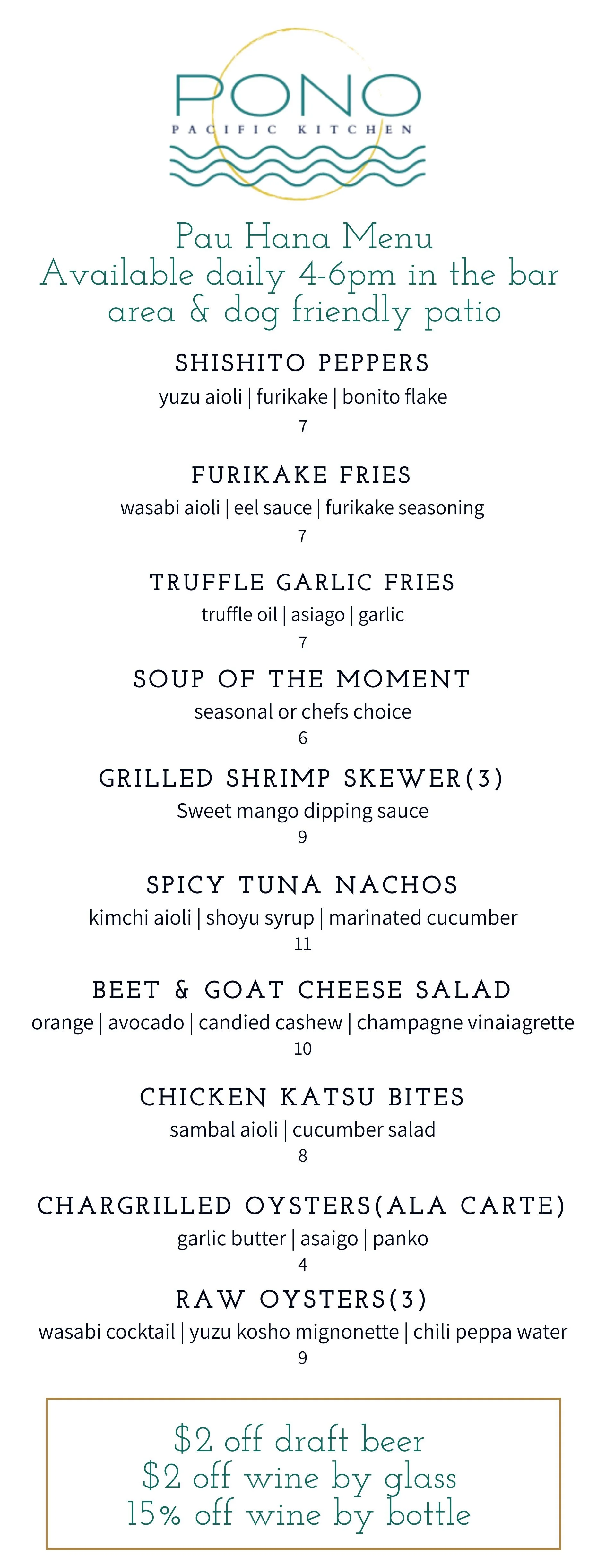Pau Hana Menu — Pono Pacific Kitchen