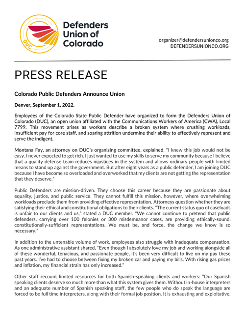 Press Releases — Defenders Union of Colorado