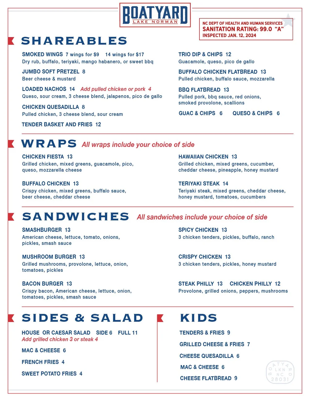 Boatyard Menu — Boatyard LKN Bar & Live Music Venue