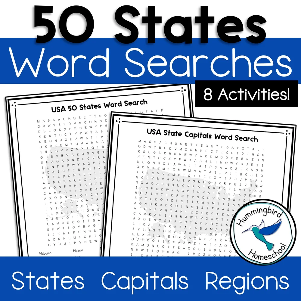 USA 50 States Word Search PDFs | Hummingbird Homeschool