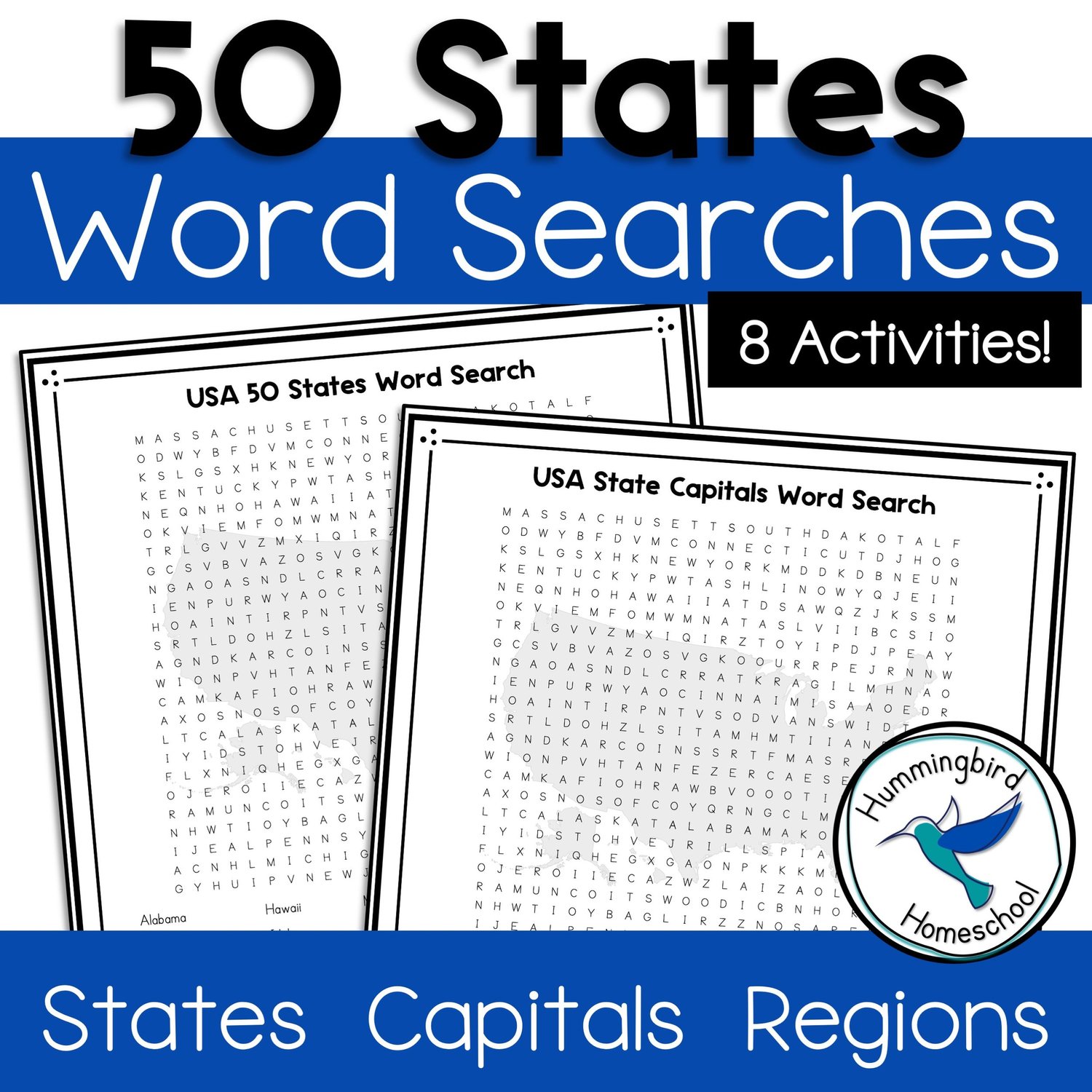 USA 50 States Word Search PDFs | Hummingbird Homeschool