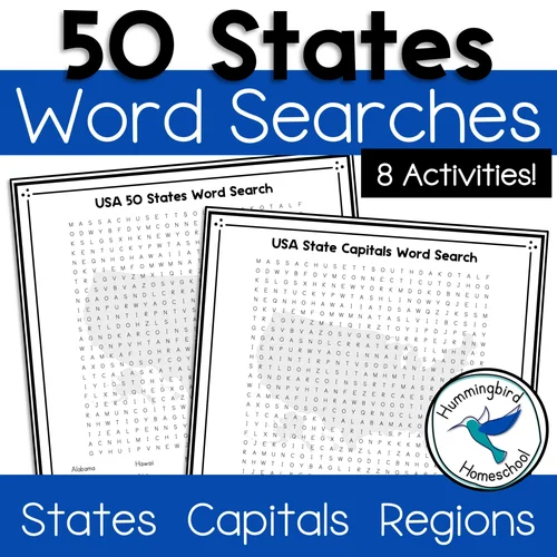 USA 50 States Word Search PDFs | Hummingbird Homeschool