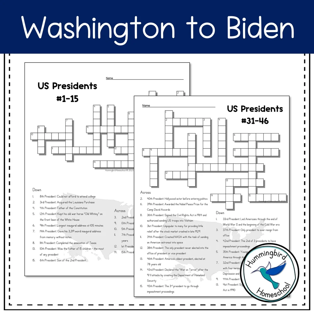 US Presidents Crossword Puzzles With Answers | Hummingbird Homeschool