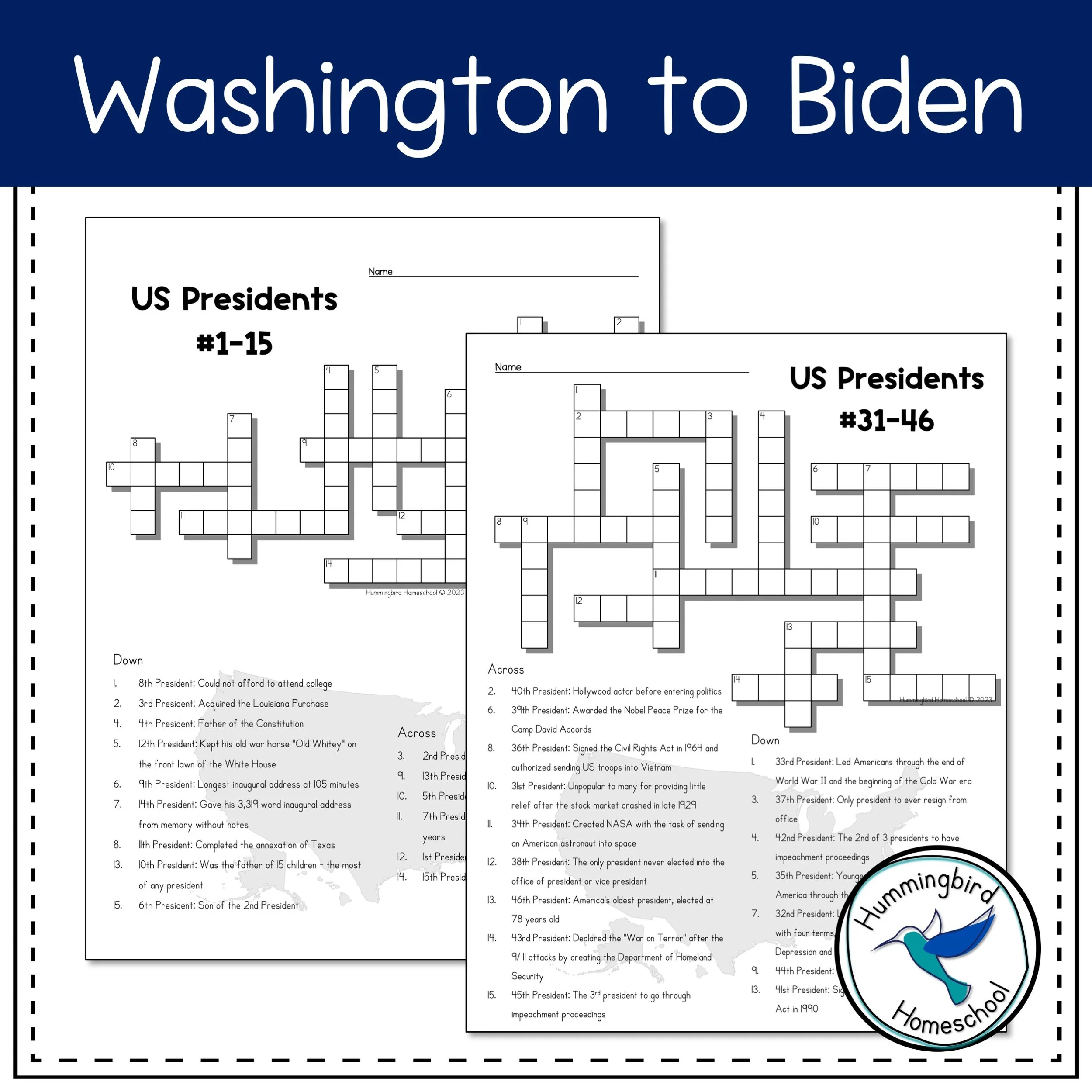 US Presidents Crossword Puzzles With Answers | Hummingbird Homeschool