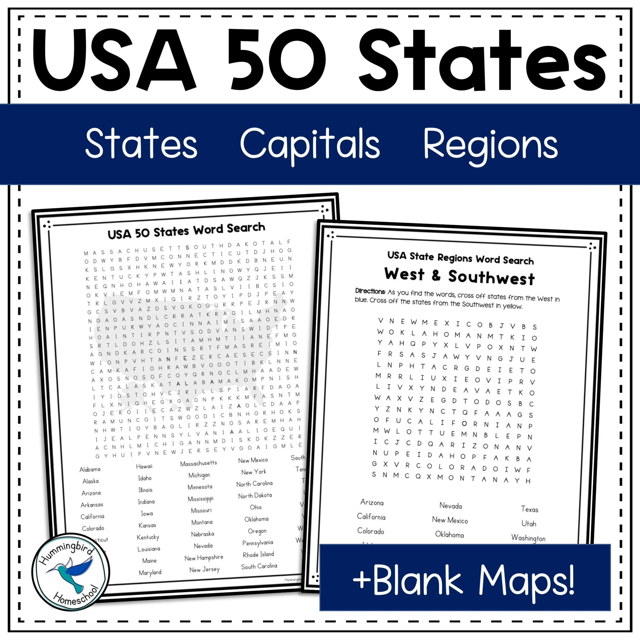 USA 50 States Word Search PDFs | Hummingbird Homeschool