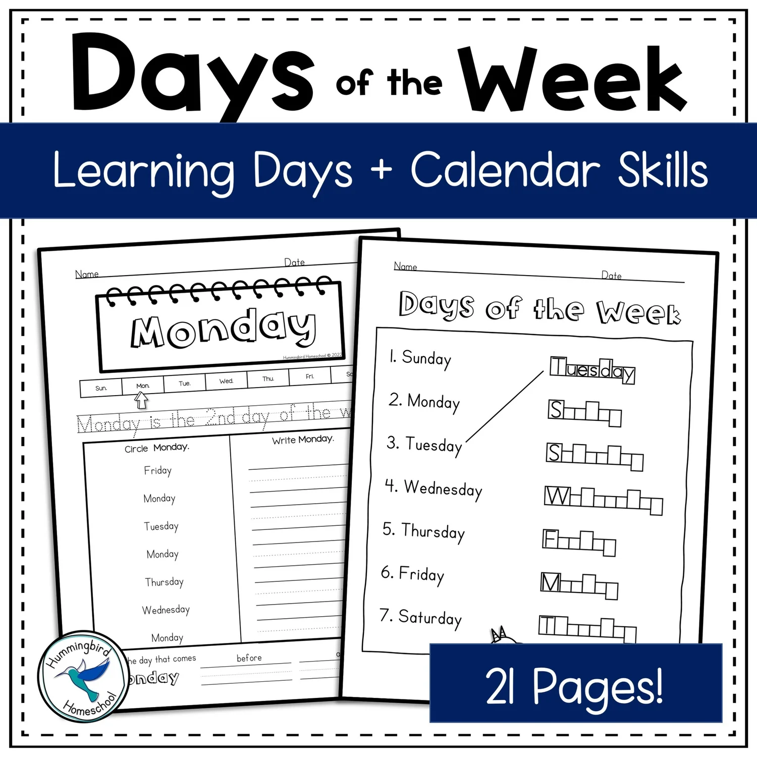 Days of the Week Printables! PDF Teaching Resource | Hummingbird Homeschool