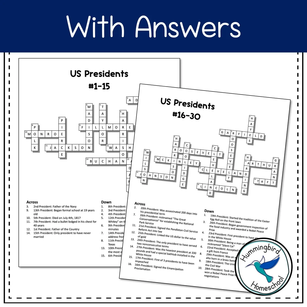 US Presidents Crossword Puzzles With Answers | Hummingbird Homeschool
